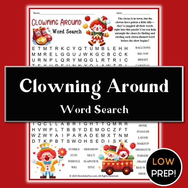 National Clown Day Word Search Printable for Kids | Circus & Carnival ...