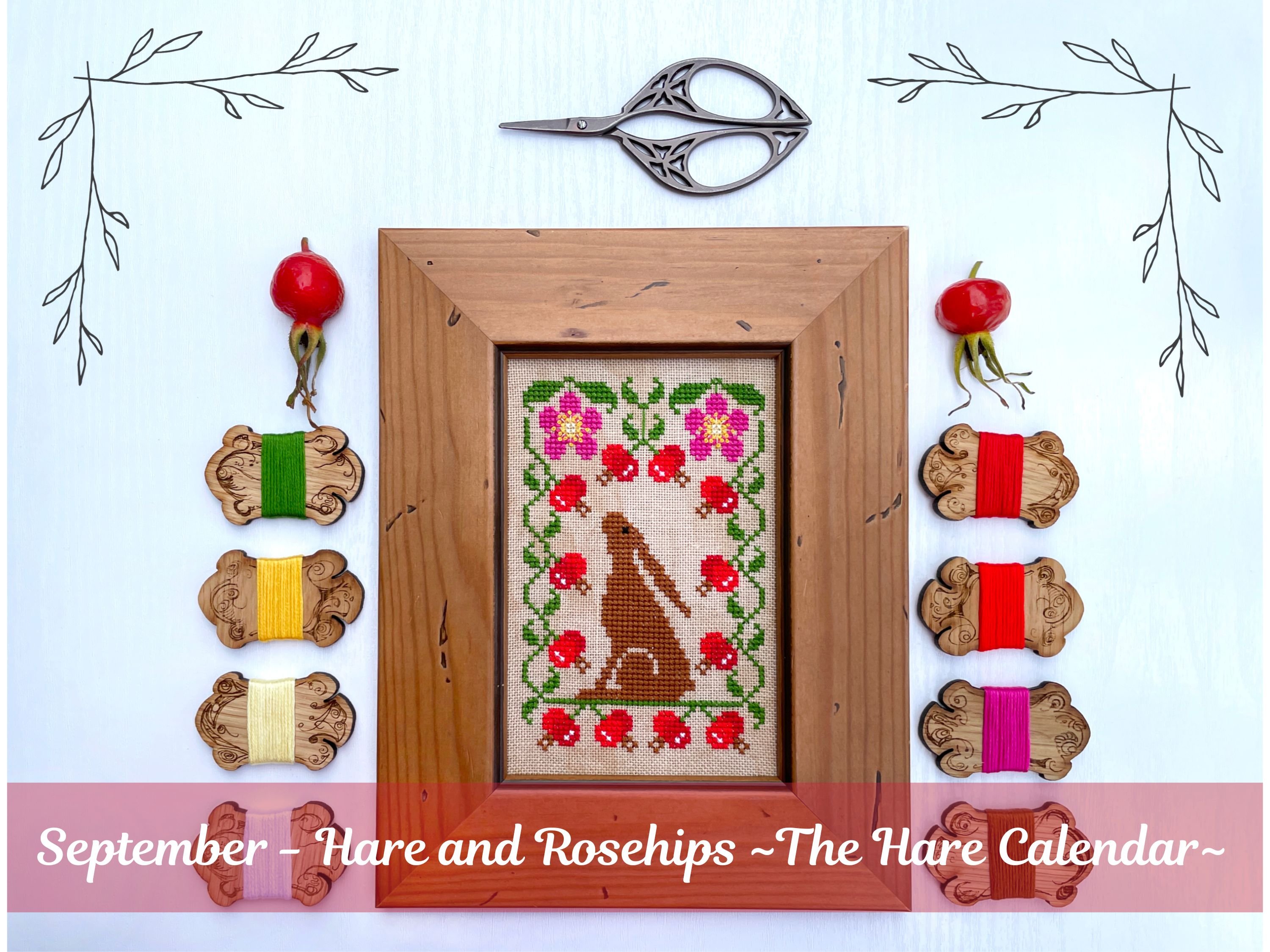 Hare and Rosehips - Digital Cross Stitch Pattern - The Hare Calendar