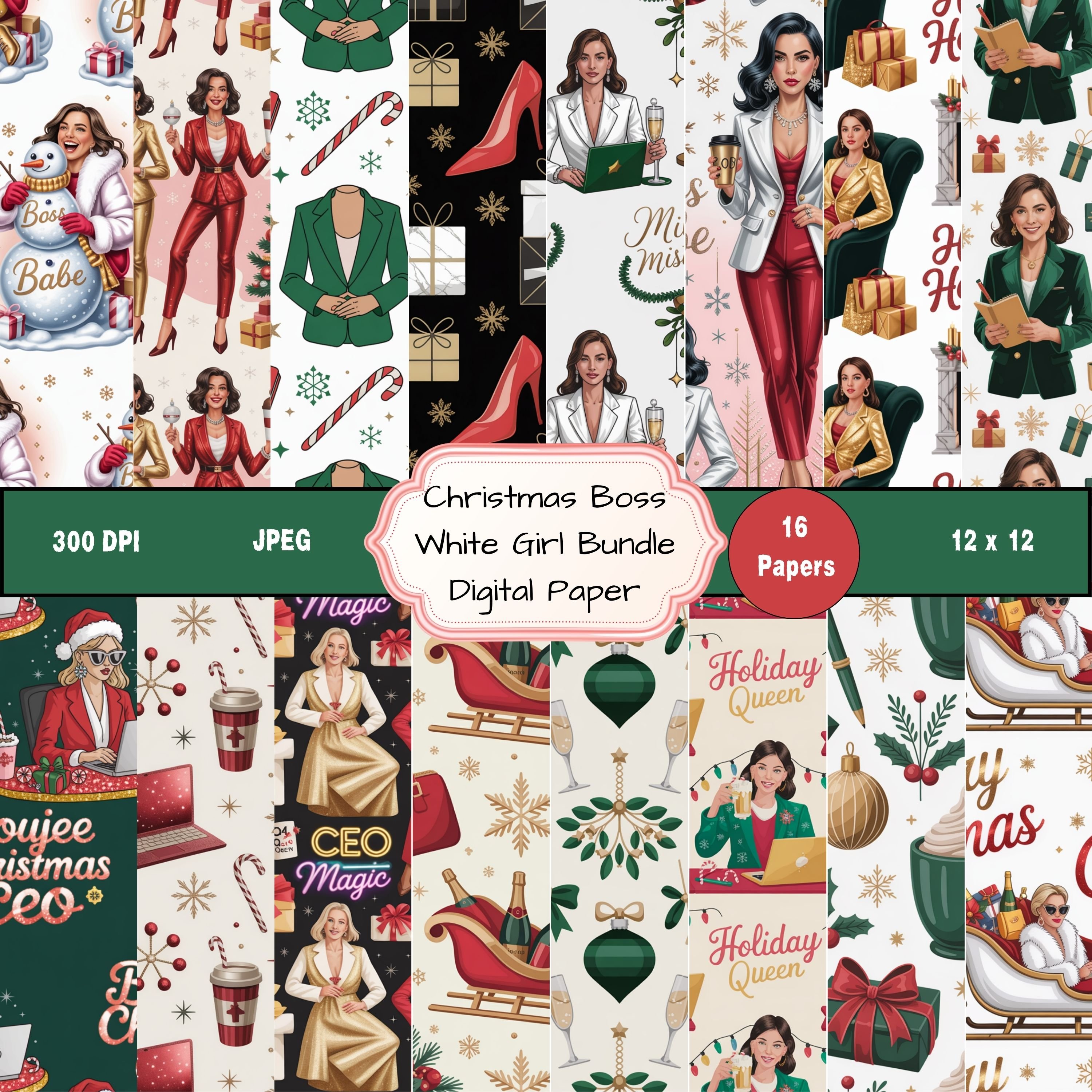 🎄 Christmas Boss White Girl Bundle: Digital Paper Collection (16 Sheets ...