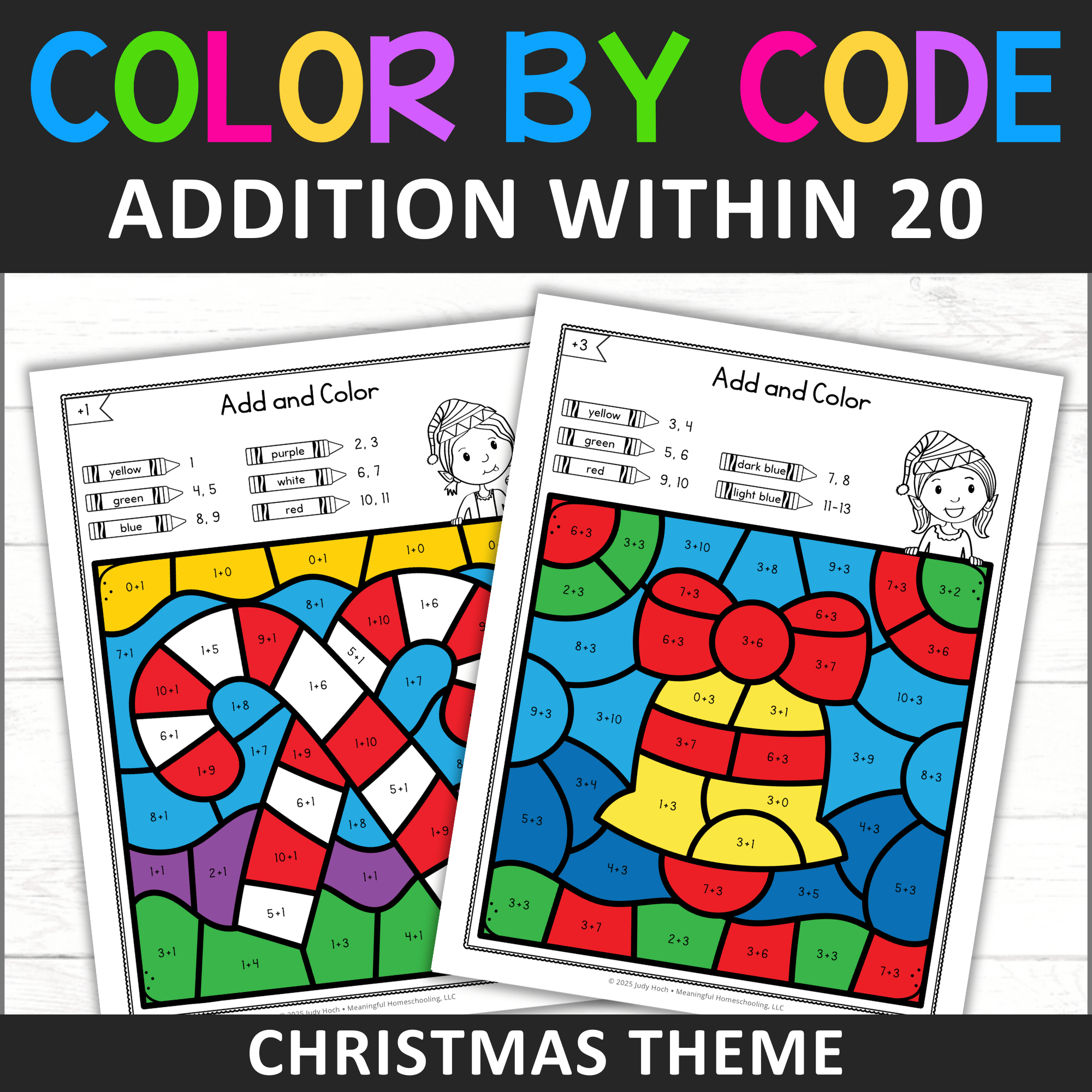 Christmas Color by Code Addition Worksheets
