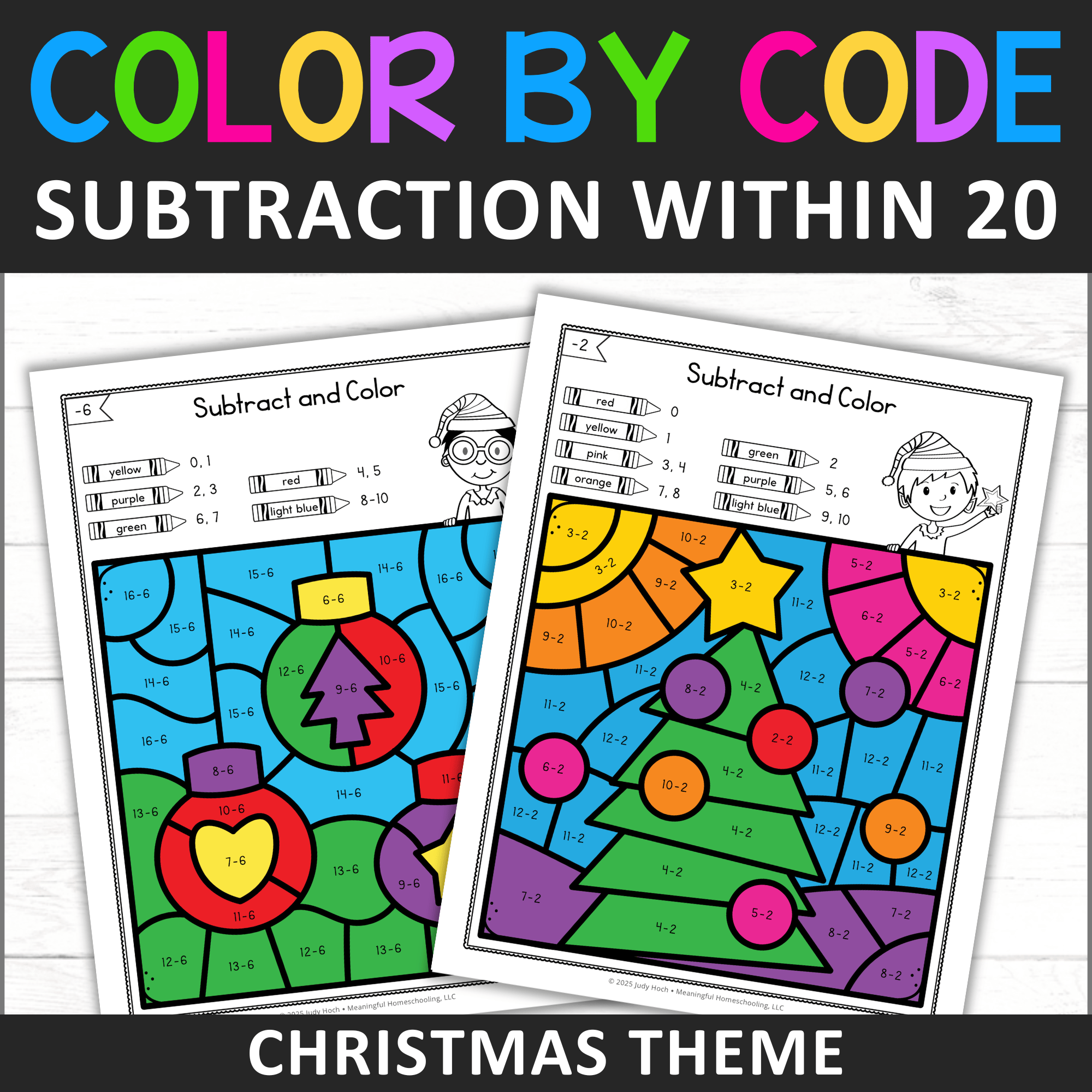 Christmas Color by Code Subtraction Worksheets