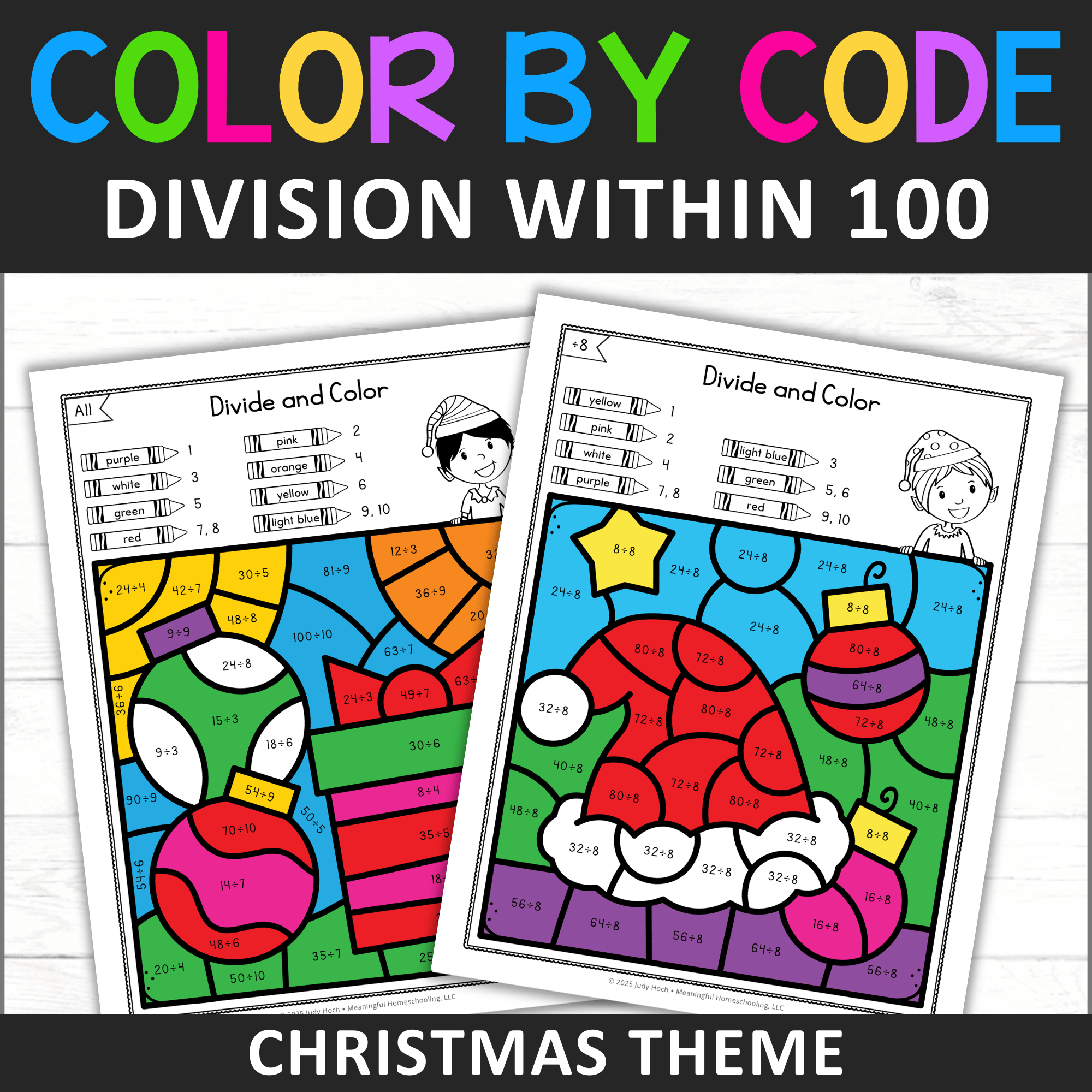 Christmas Color by Code Division Worksheets