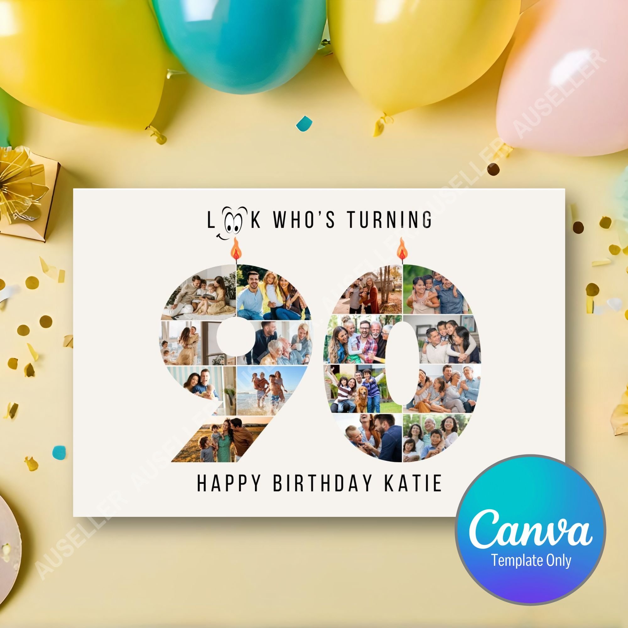90th Birthday Number Photo Card, Editable Canva Template - Payhip