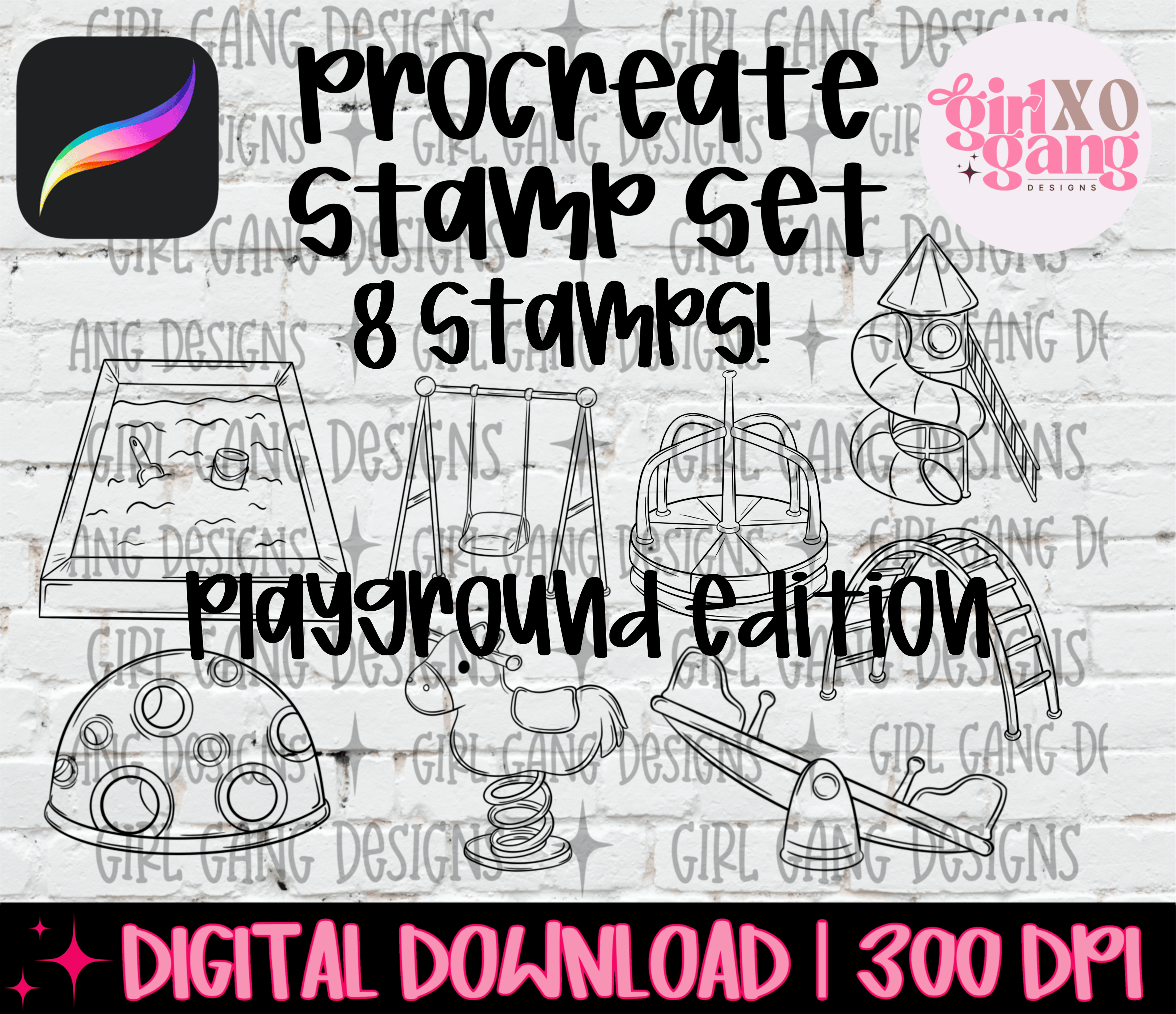 Kids playground procreate stamp set of 8 hand drawn park play sets ...
