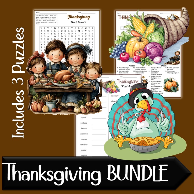 Thanksgiving Puzzle Bundle for Kids | Word Search, Crossword & Word ...