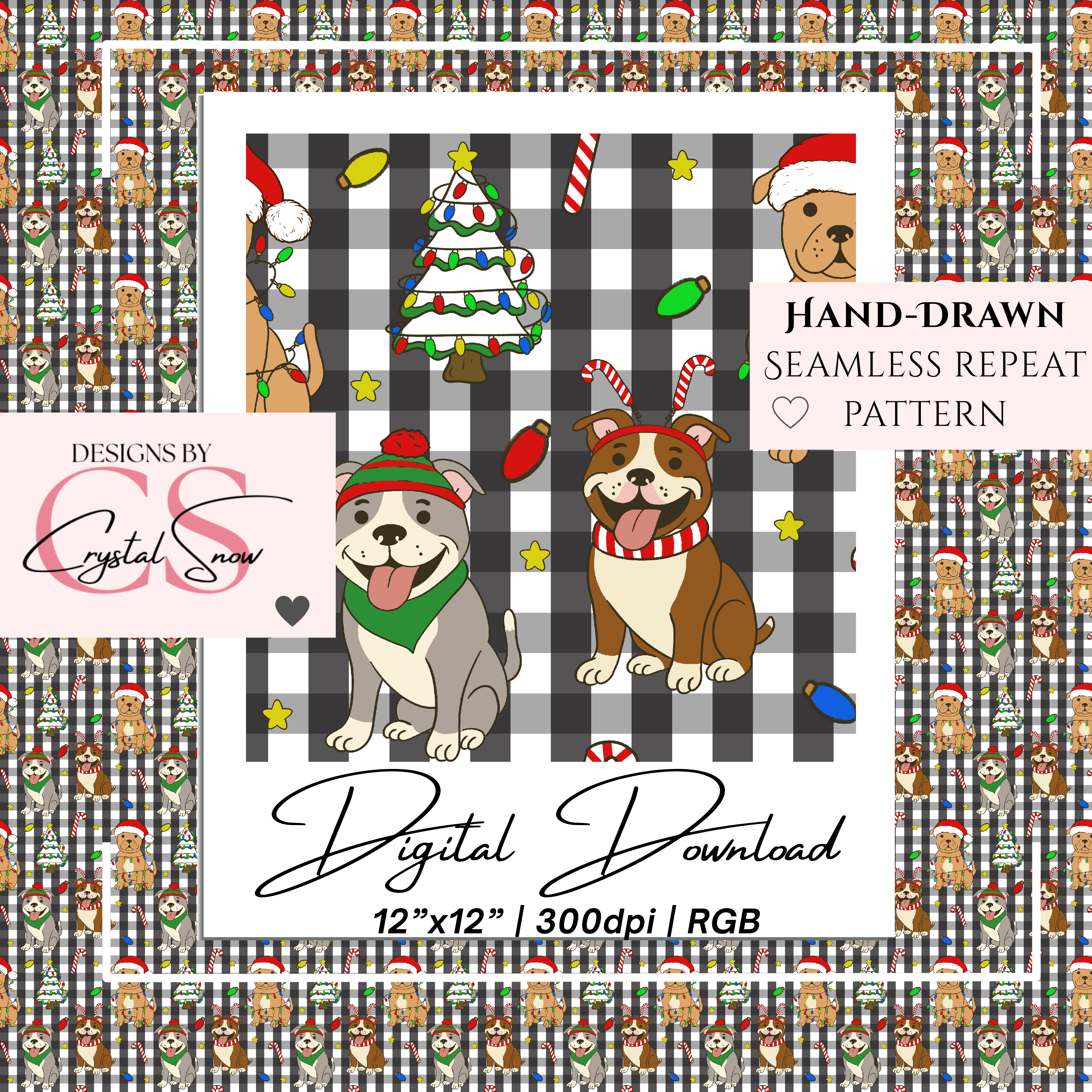 Merry Pittie Christmas Seamless Pattern | Pitbull Dog Christmas Digital ...
