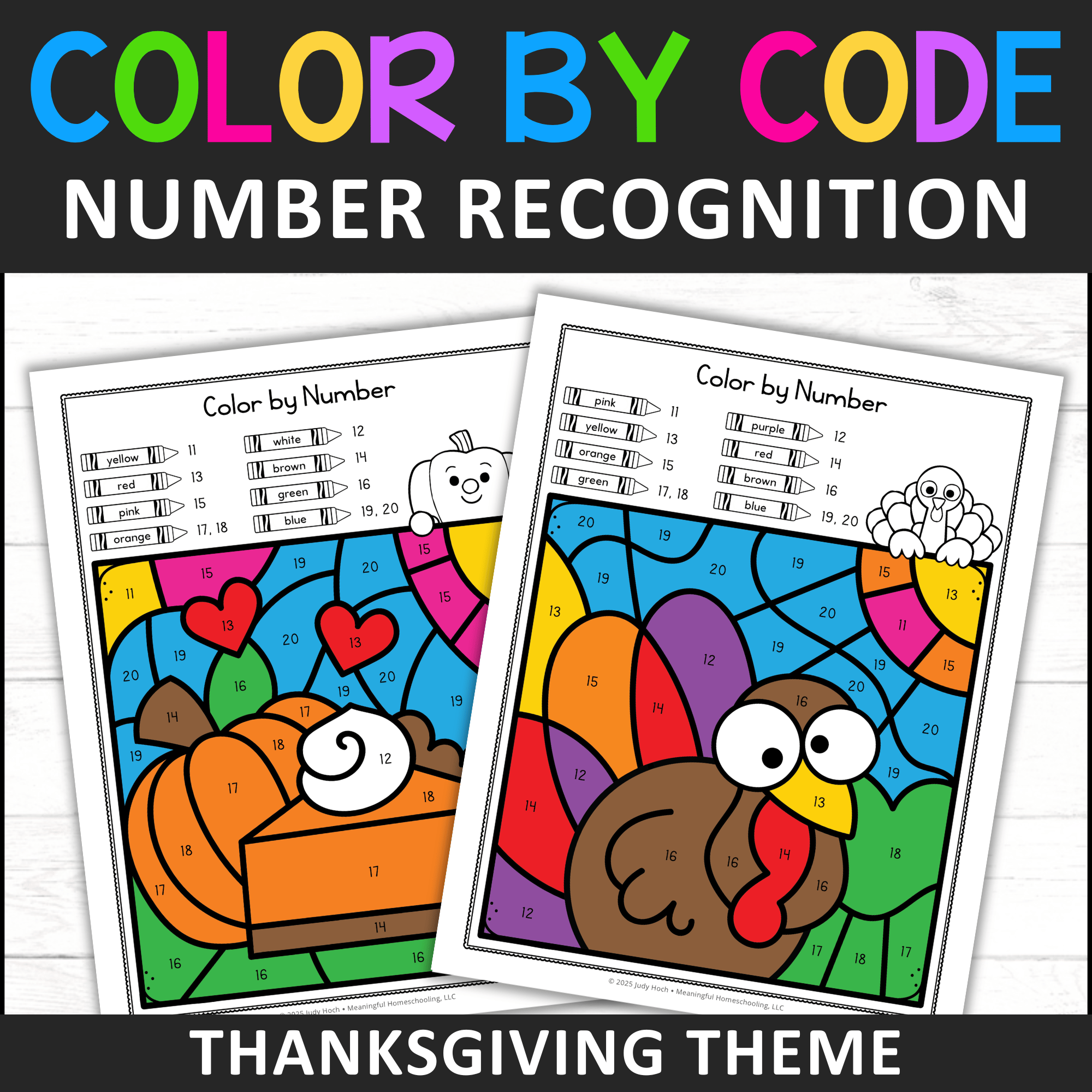 Thanksgiving Color by Number 1-20 Worksheets