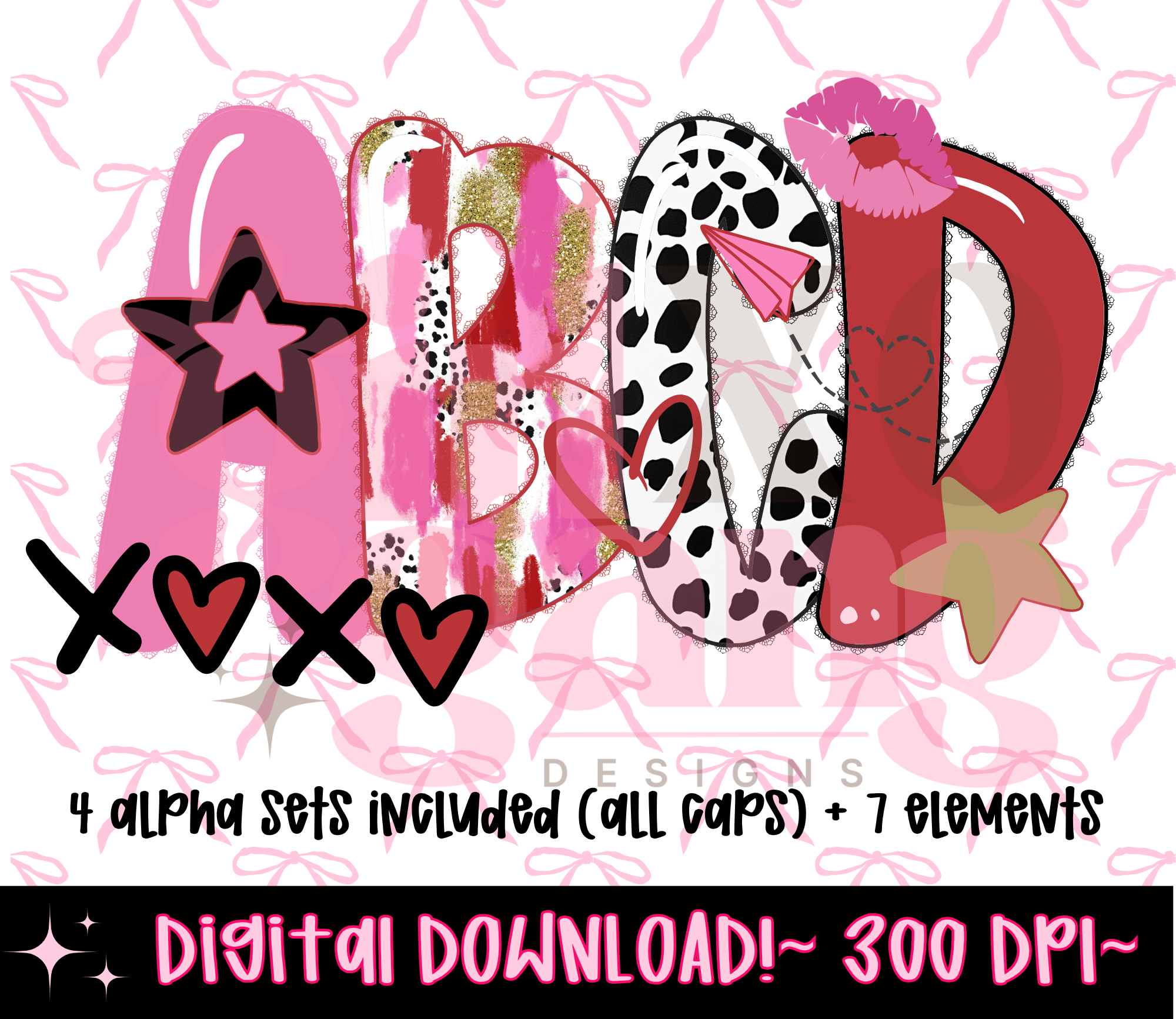 Pink preppy lace Alpha font set, Google drive with all Alpha sets shown Capital letters only ...