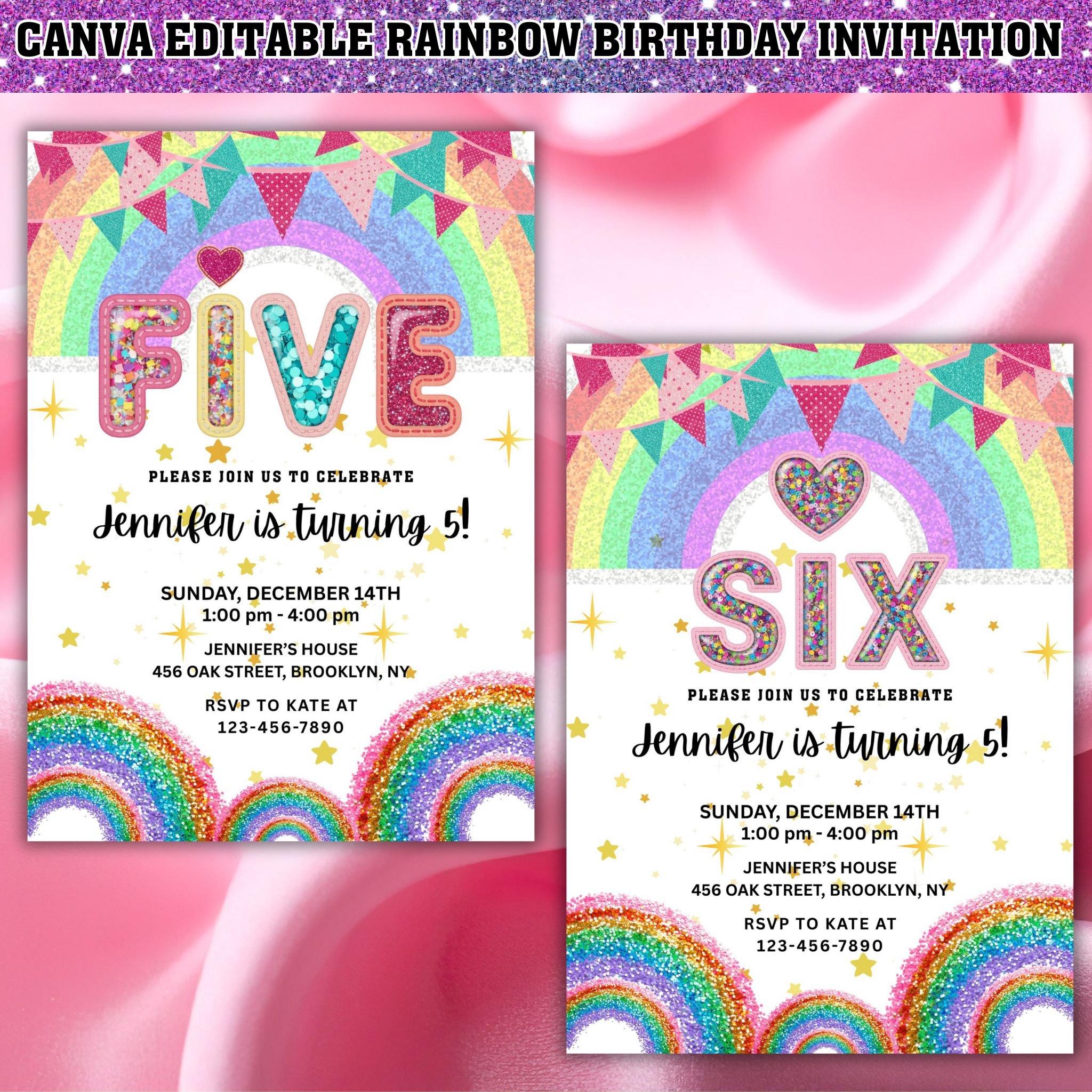 Canva Editable Rainbow Sequin Birthday Invitation Templates - Payhip