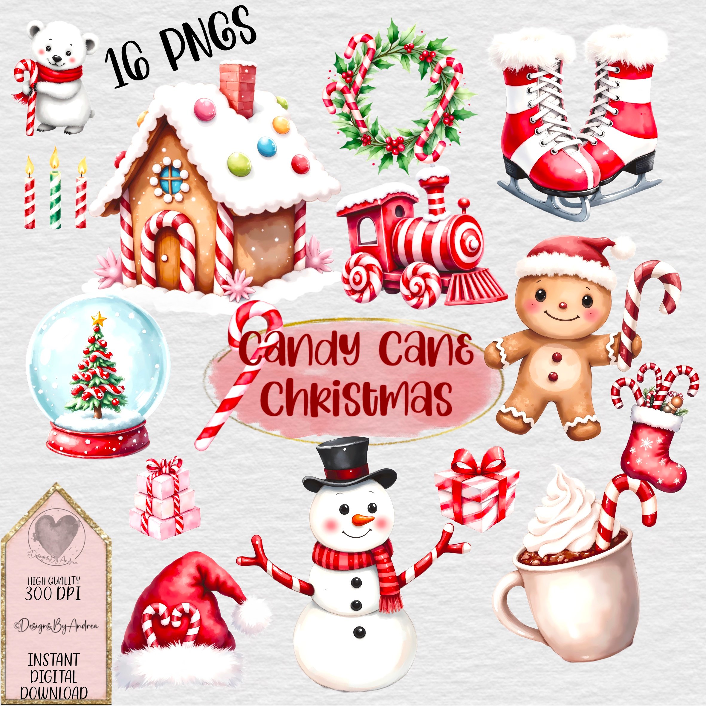 Watercolour Candy Cane Christmas clipart. 16 individual transparent PNG ...