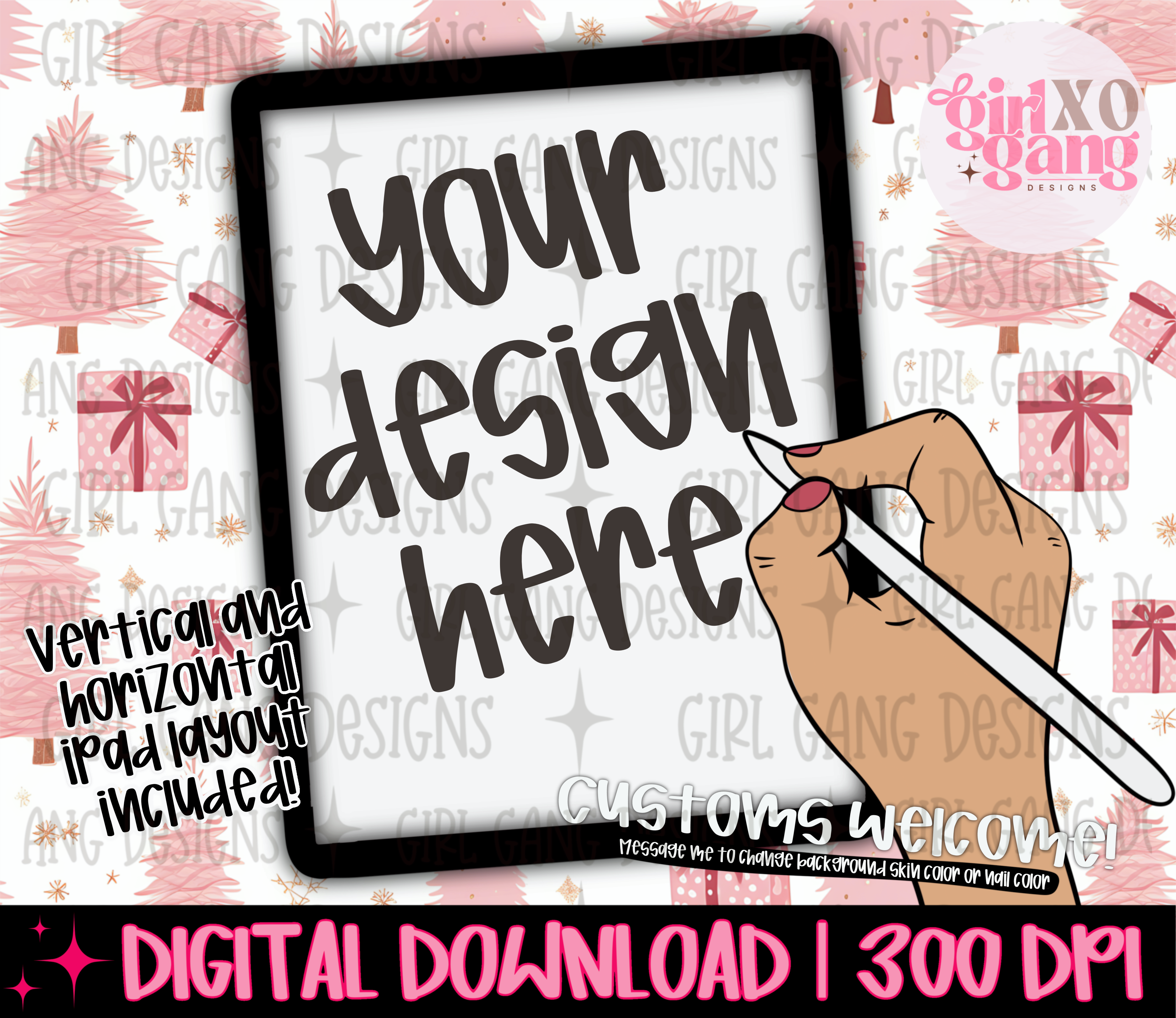 Pink Christmas ipad mock up with transparent screen , vertical and ...