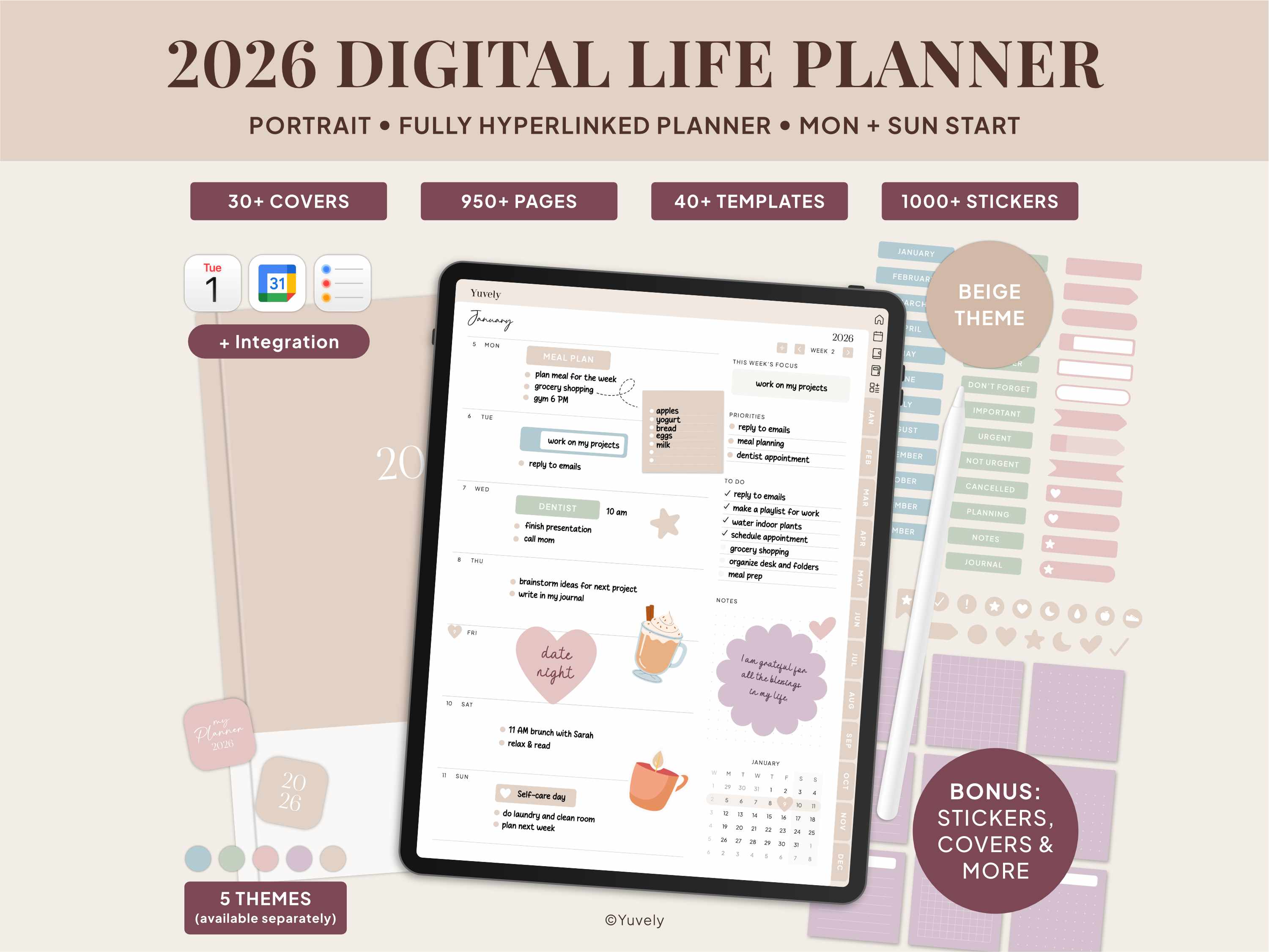 2026 Digital Life Planner | Beige | Mon Sun Start | Portrait