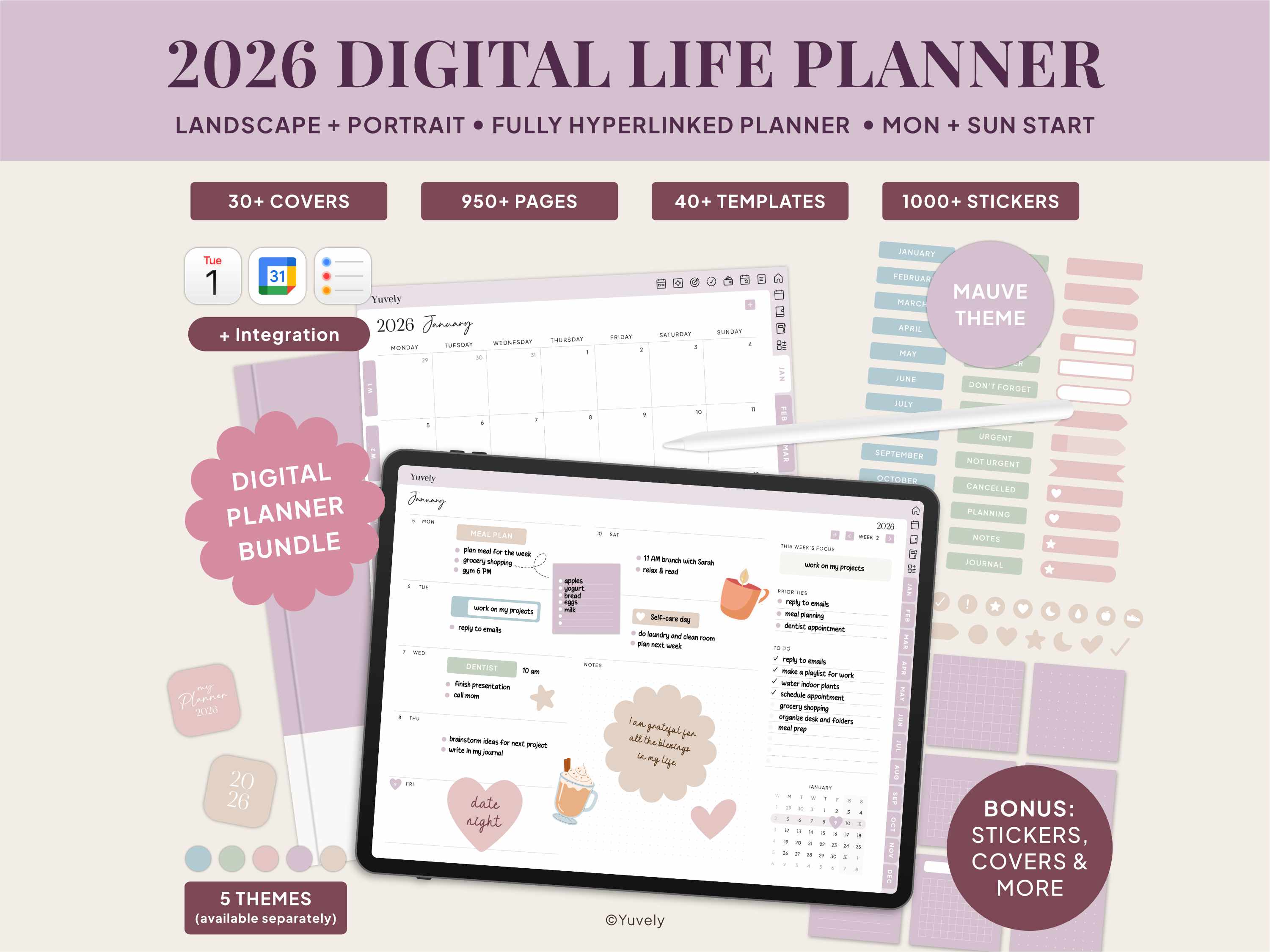2026 Digital Life Planner | Mauve Purple | Mon Sun Start | Planner Bundle