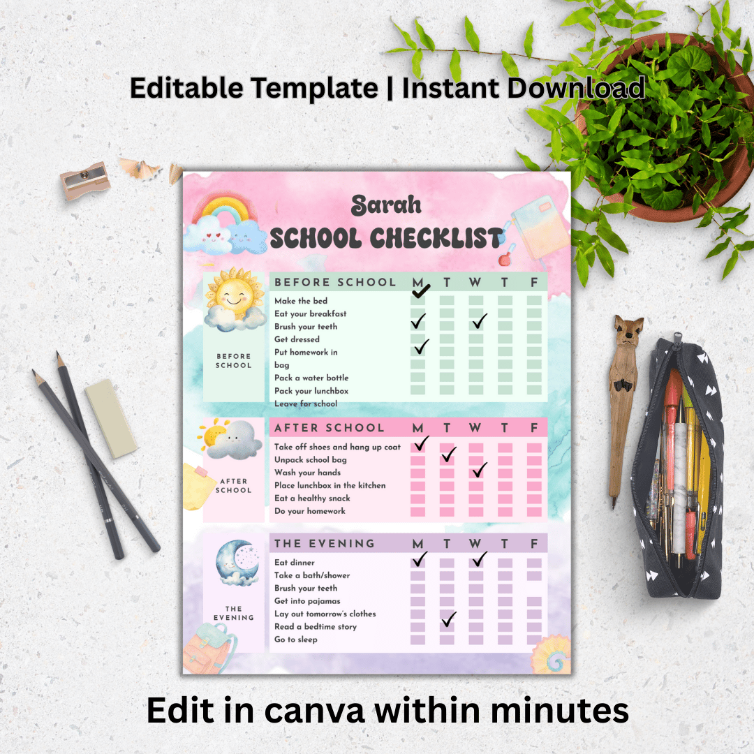 Printable Kids School Checklist Template: Editable Daily Routine - Payhip
