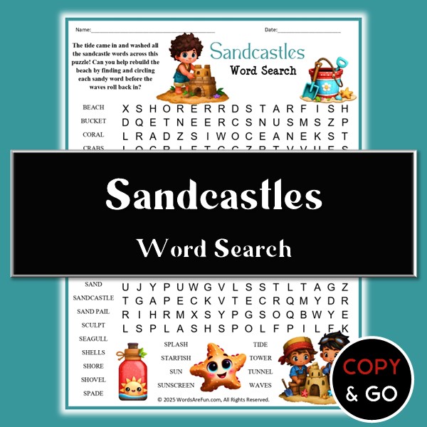 Sandcastle Day Word Search Printable – Beach Theme Activity for Kids ...