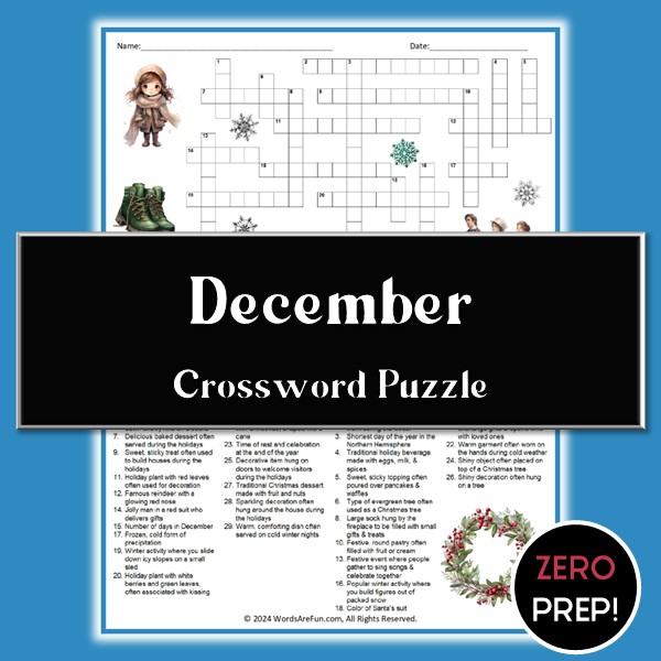 December Crossword Puzzle Printable PDF | Fun Christmas & Winter ...