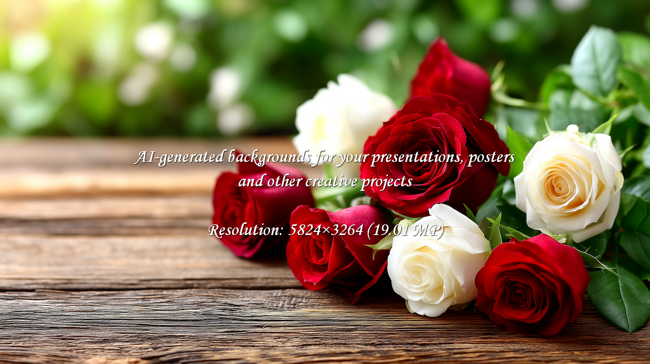 Romantic red and white roses elegantly arranged on rustic wooden ...