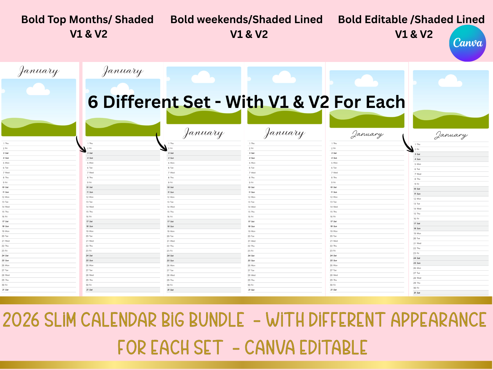 2026 Slim Calendar Bundle – 6 Versions with Daily Lines (Canva Editable) - Payhip