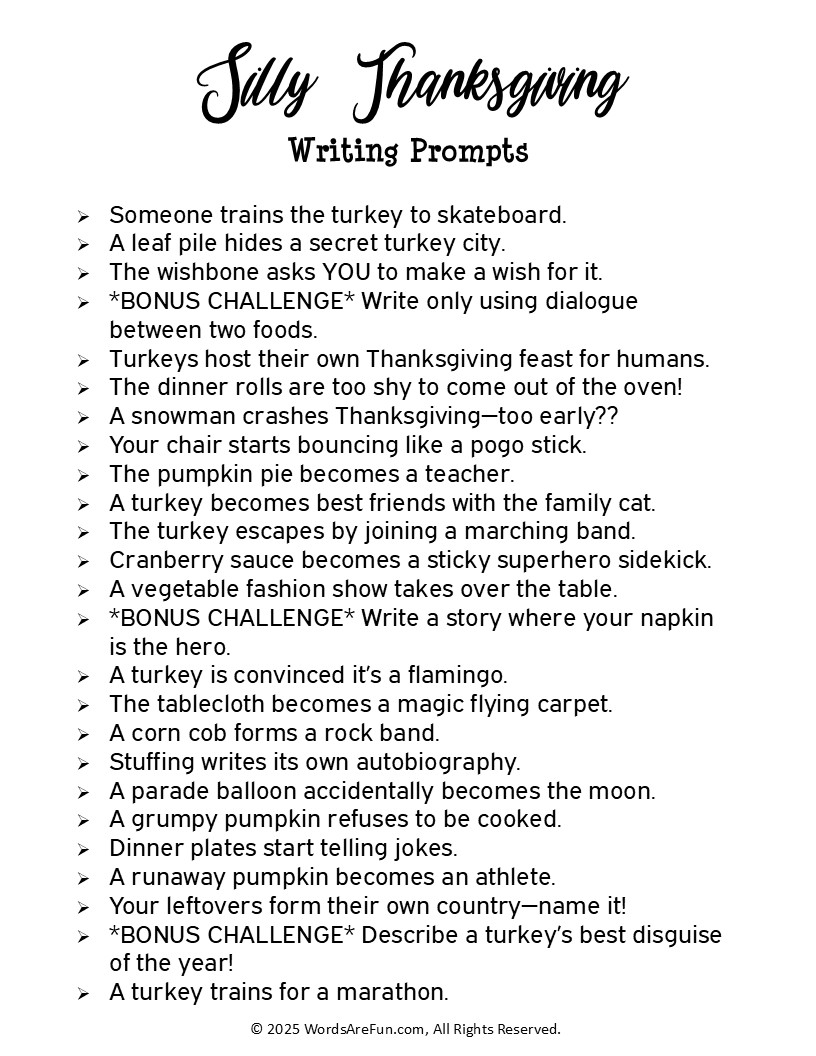 Thanksgiving Silly Writing Prompts for Kids Ages 6–12 | Creative ...