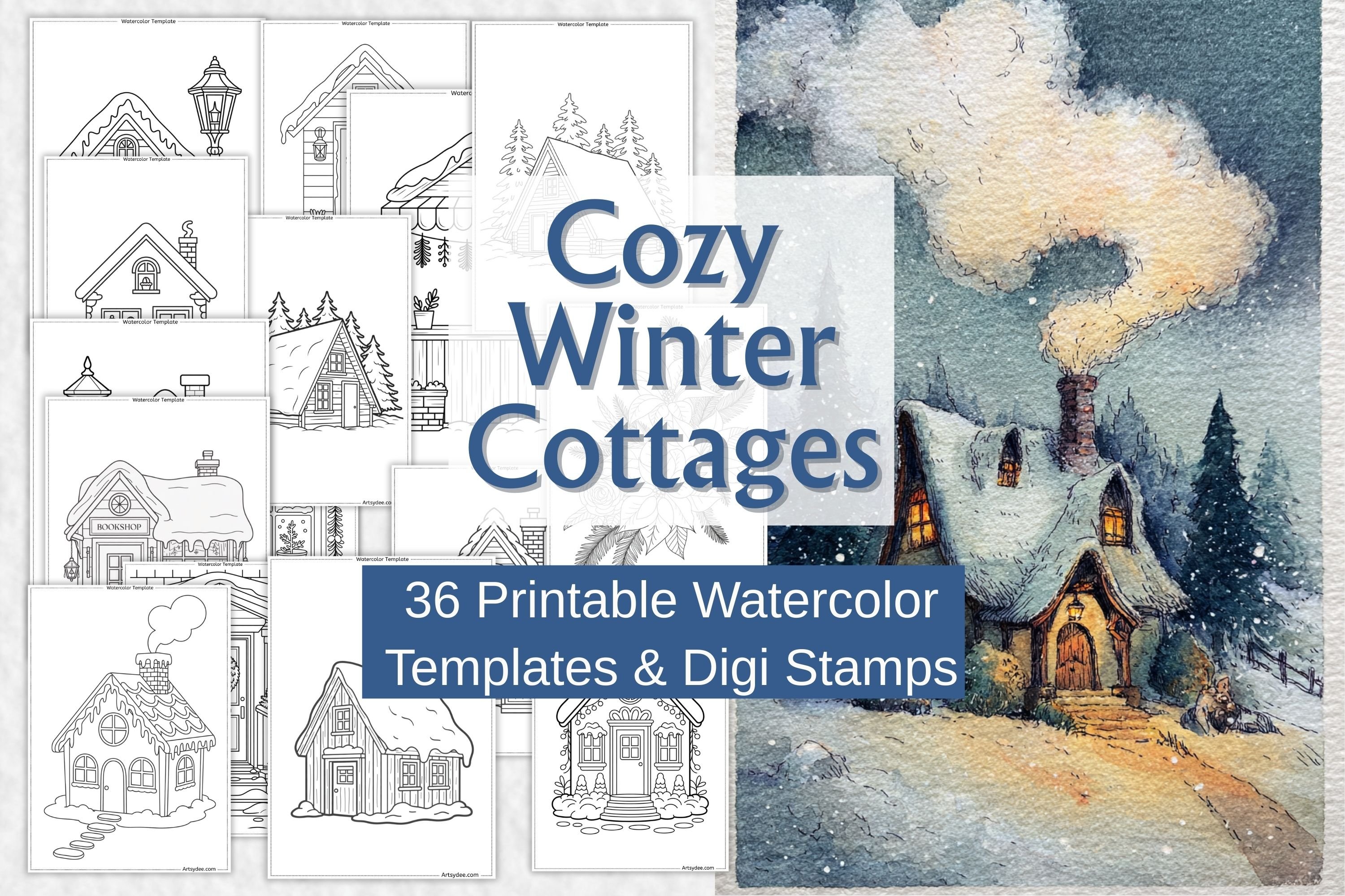 36 Cozy Cottage Watercolor Templates | Winter Cottage Line Art PDF PNG ...