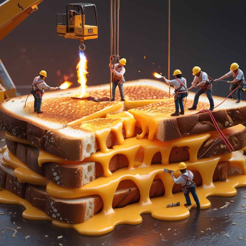 Tiny construction workers swarm a colossal grilled cheese sandwich - Payhip