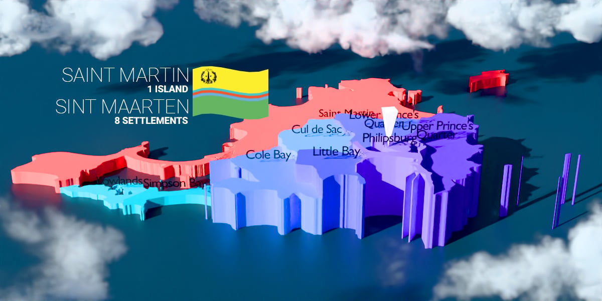 Saint Martin - 1 Island & Sint Maarten 8 Settlements Map (3D Pre ...