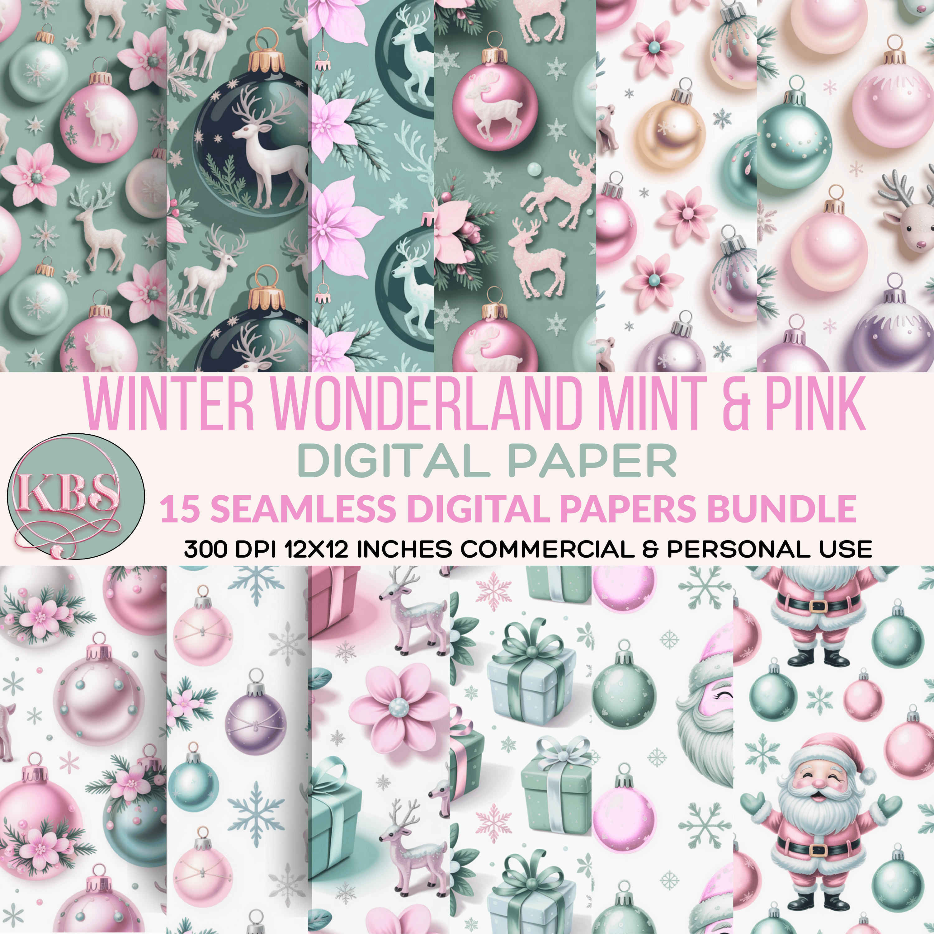 Winter Wonderland Pink & Mint Digital Paper Bundle | 15 Seamless ...