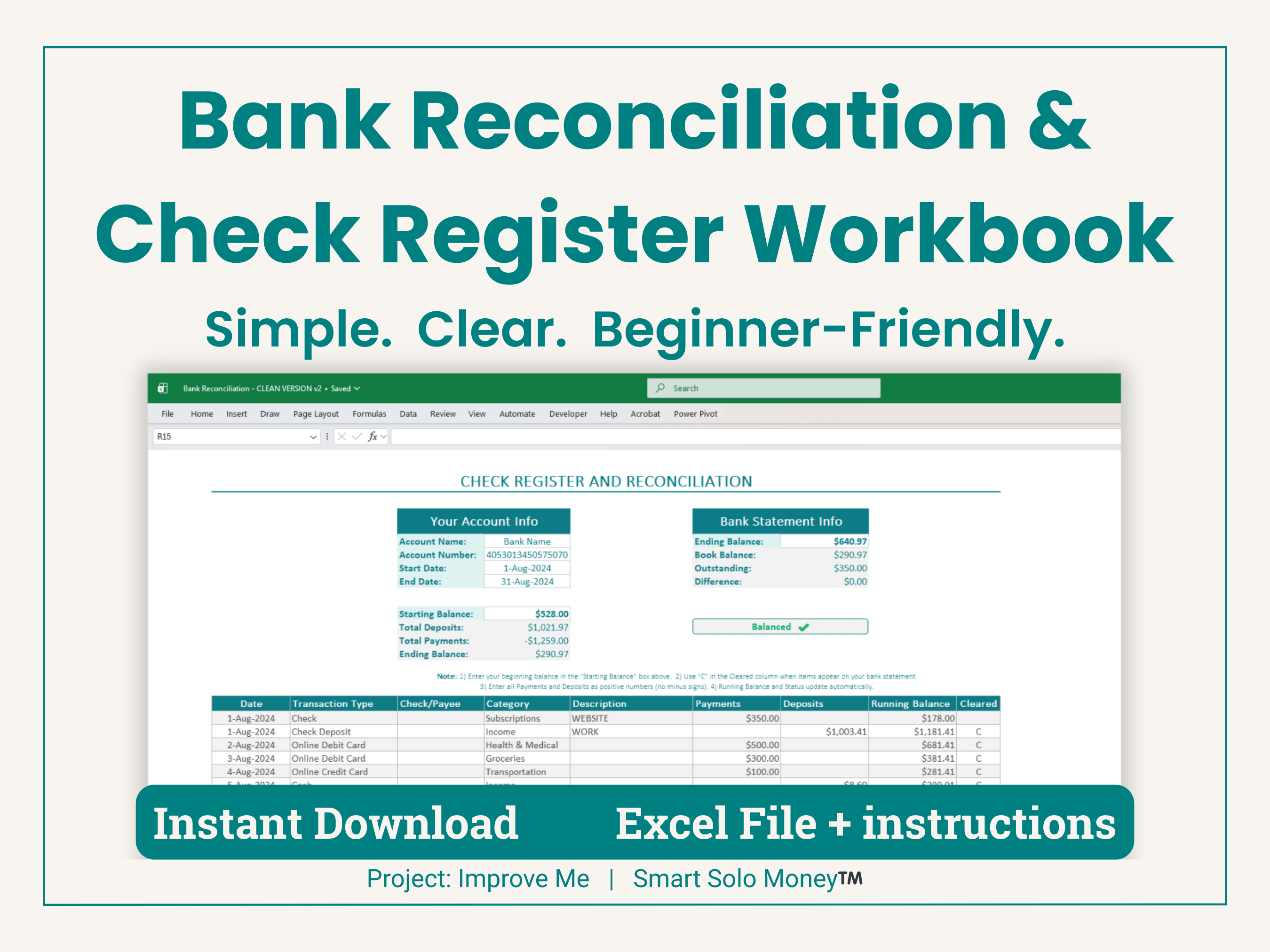 Bank Reconciliation & Check Register Workbook (Excel) [Simple, Beginner ...
