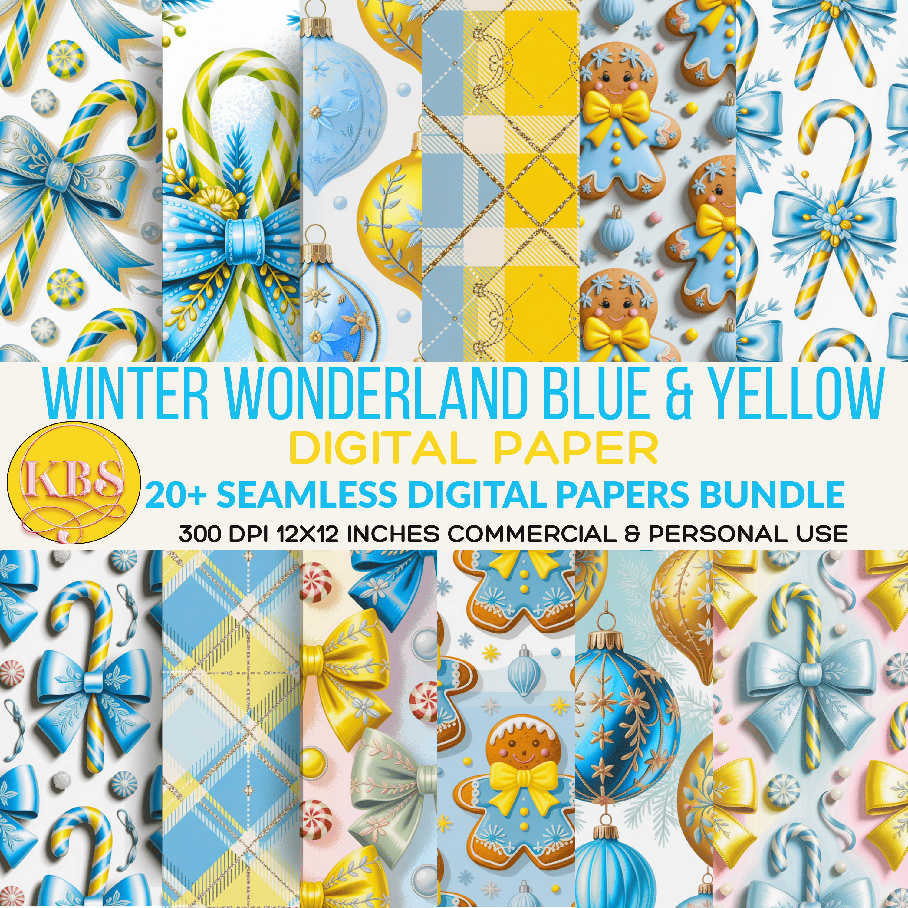 Winter Wonderland Blue & Yellow Digital Paper Bundle | 20 Seamless ...