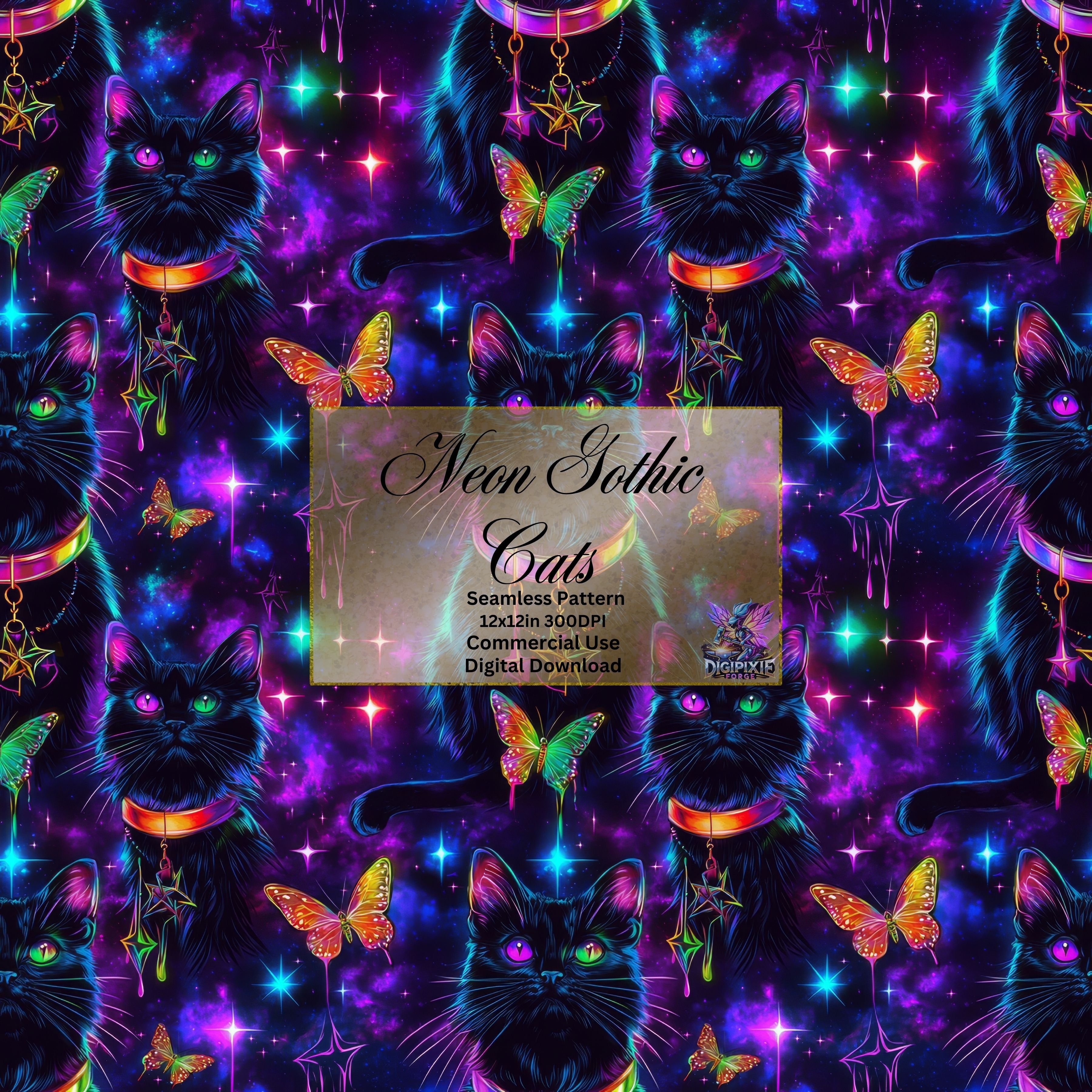 Neon Gothic Cats Seamless Pattern Digital Paper Digital Download ...