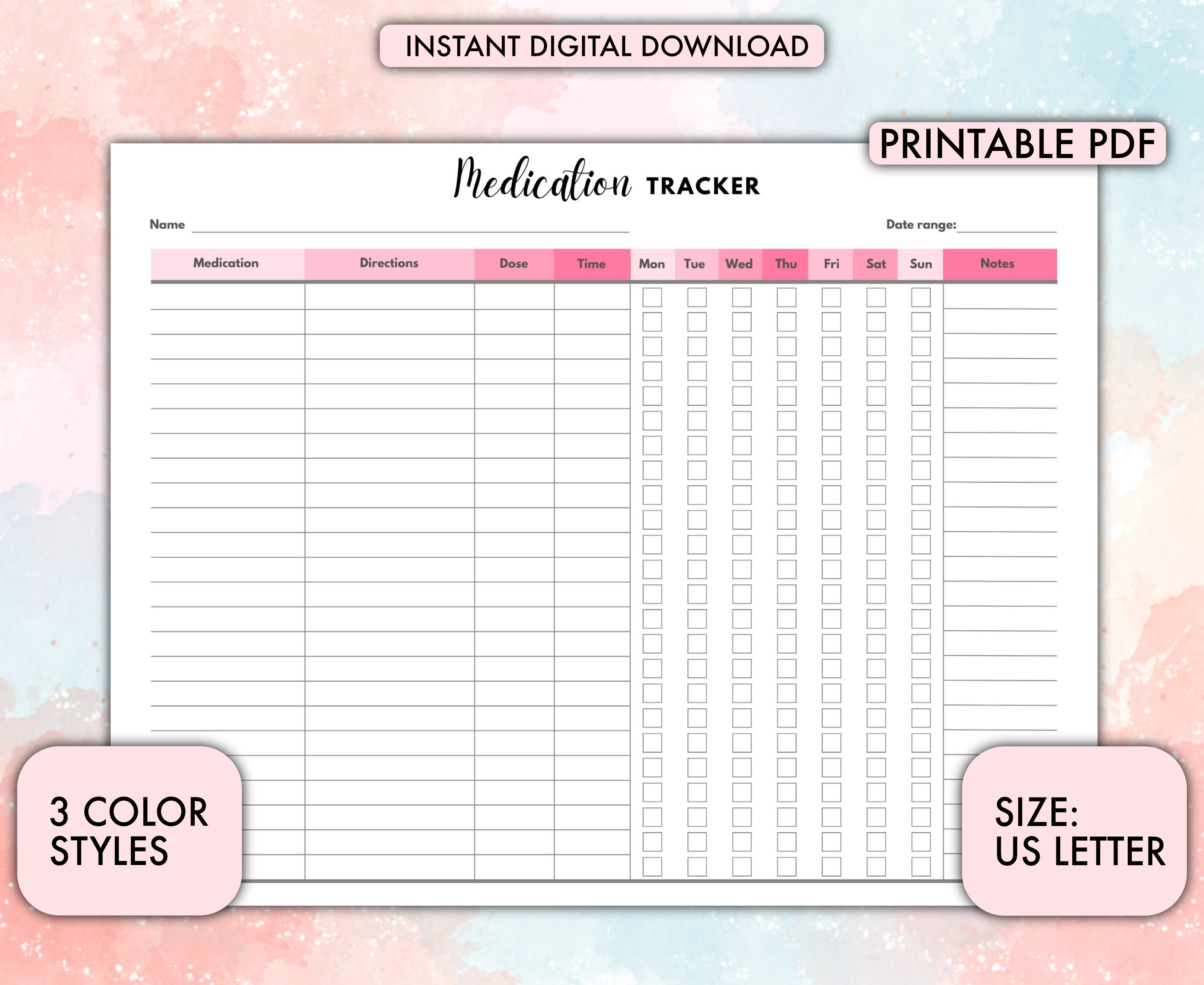 Weekly Medication Tracker, Medication List, Medication Log, Medicine ...