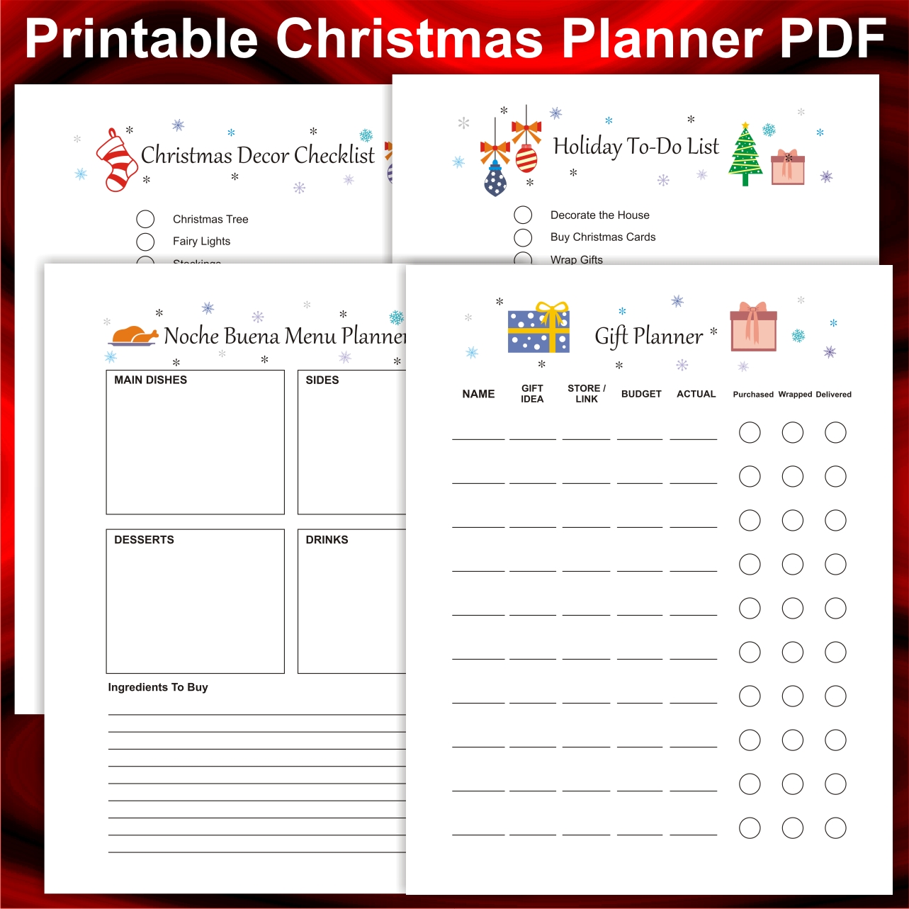 Printable Christmas Planner PDF | Holiday To-Do List, Gift Tracker ...
