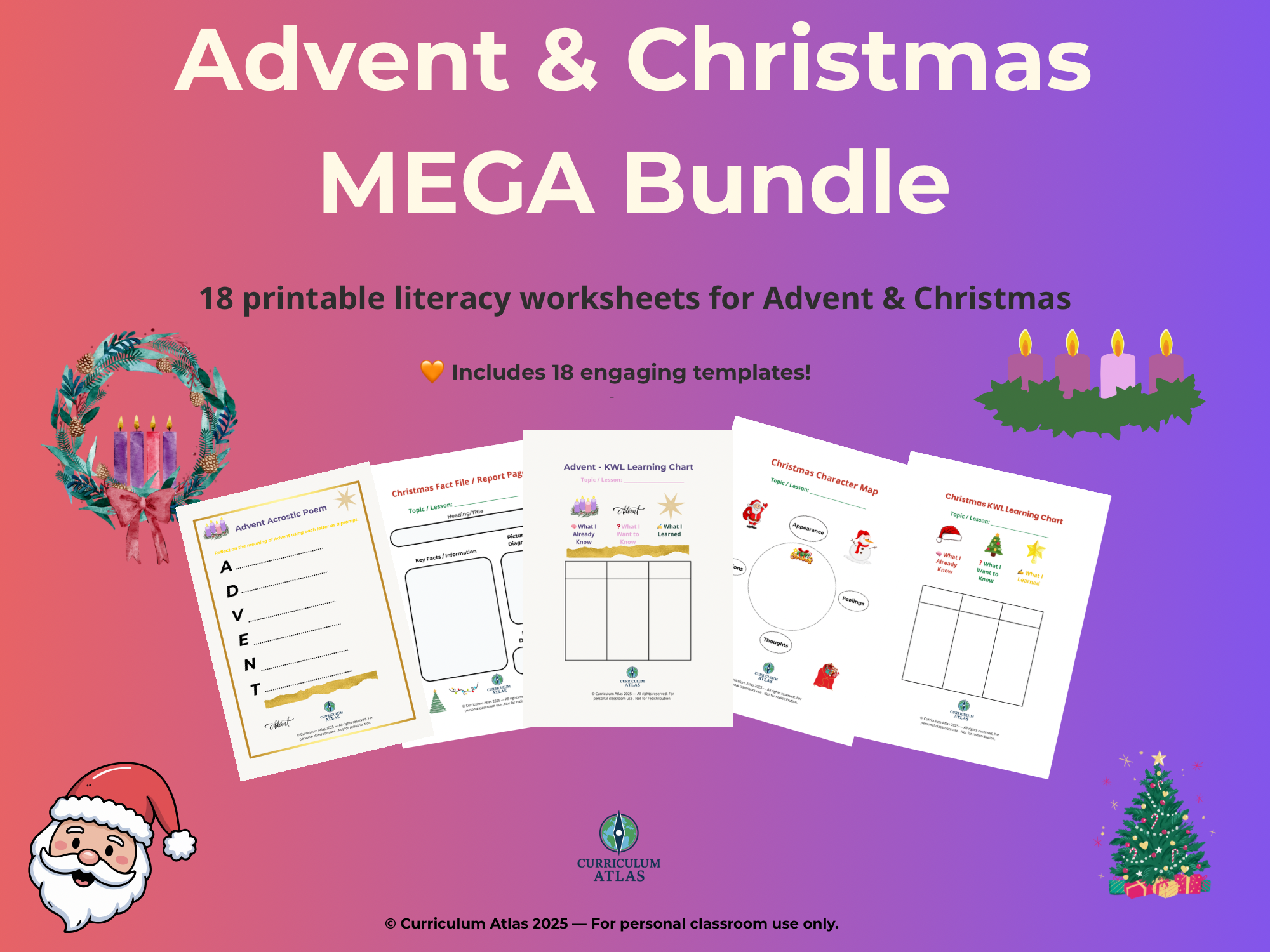 Advent & Christmas MEGA Bundle – 18 Printable Literacy Worksheets ...