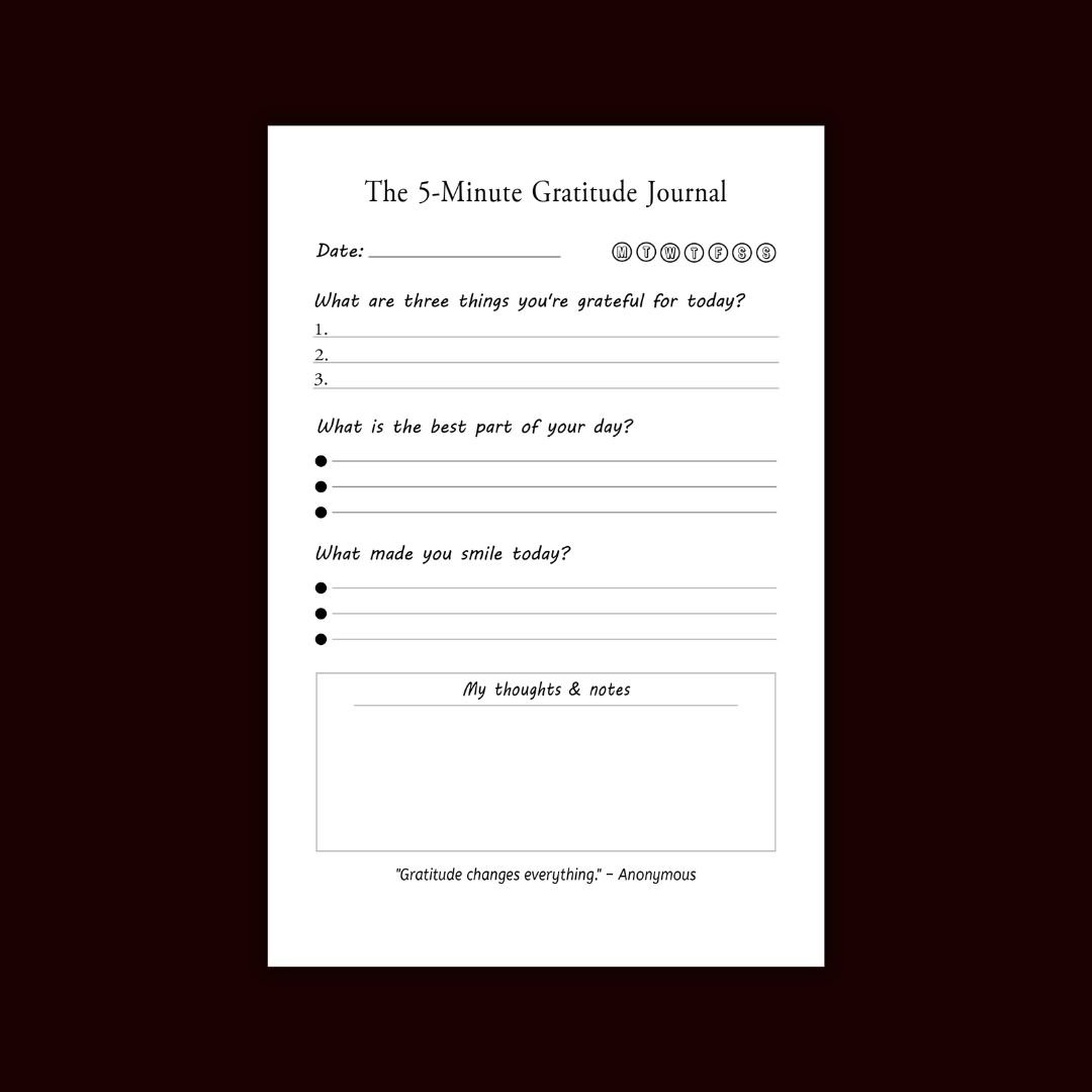 The 5-Minute Gratitude Journal – Printable Daily PDF for Mindfulness ...