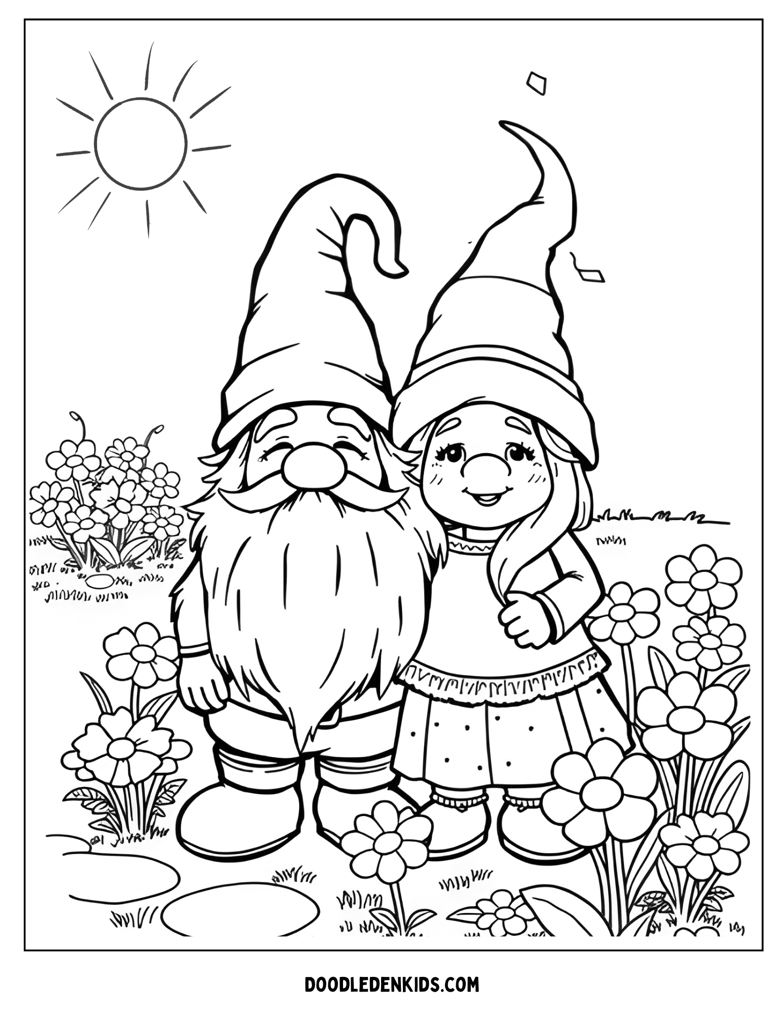 Cute Gnome Coloring Page – Gnome with Giant Sunflower Printable