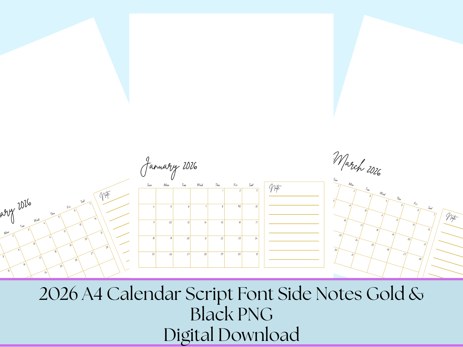 2026 A4 Calendar Script Font Side Notes Gold & Black PNG - Payhip