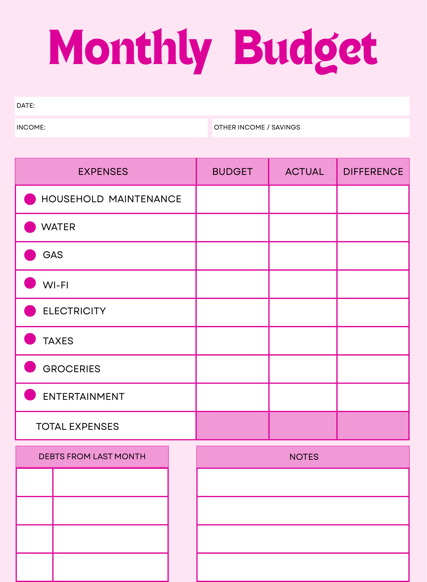 Monthly Budget Planner Printable | Income, Bills, Savings & Expense ...