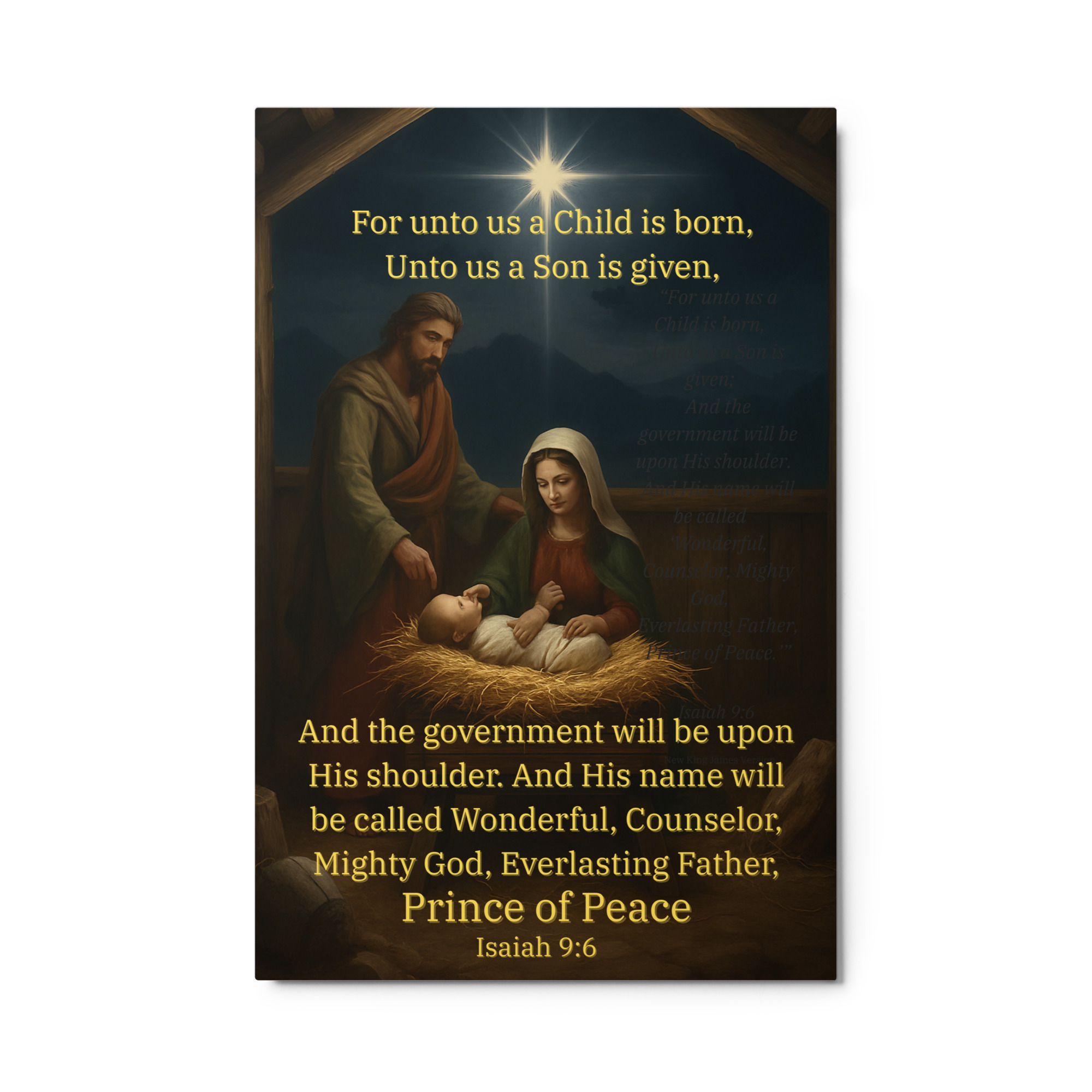Beautiful Metal Print Joseph, Mary, and Baby Jesus Rustic Scene Isaiah ...