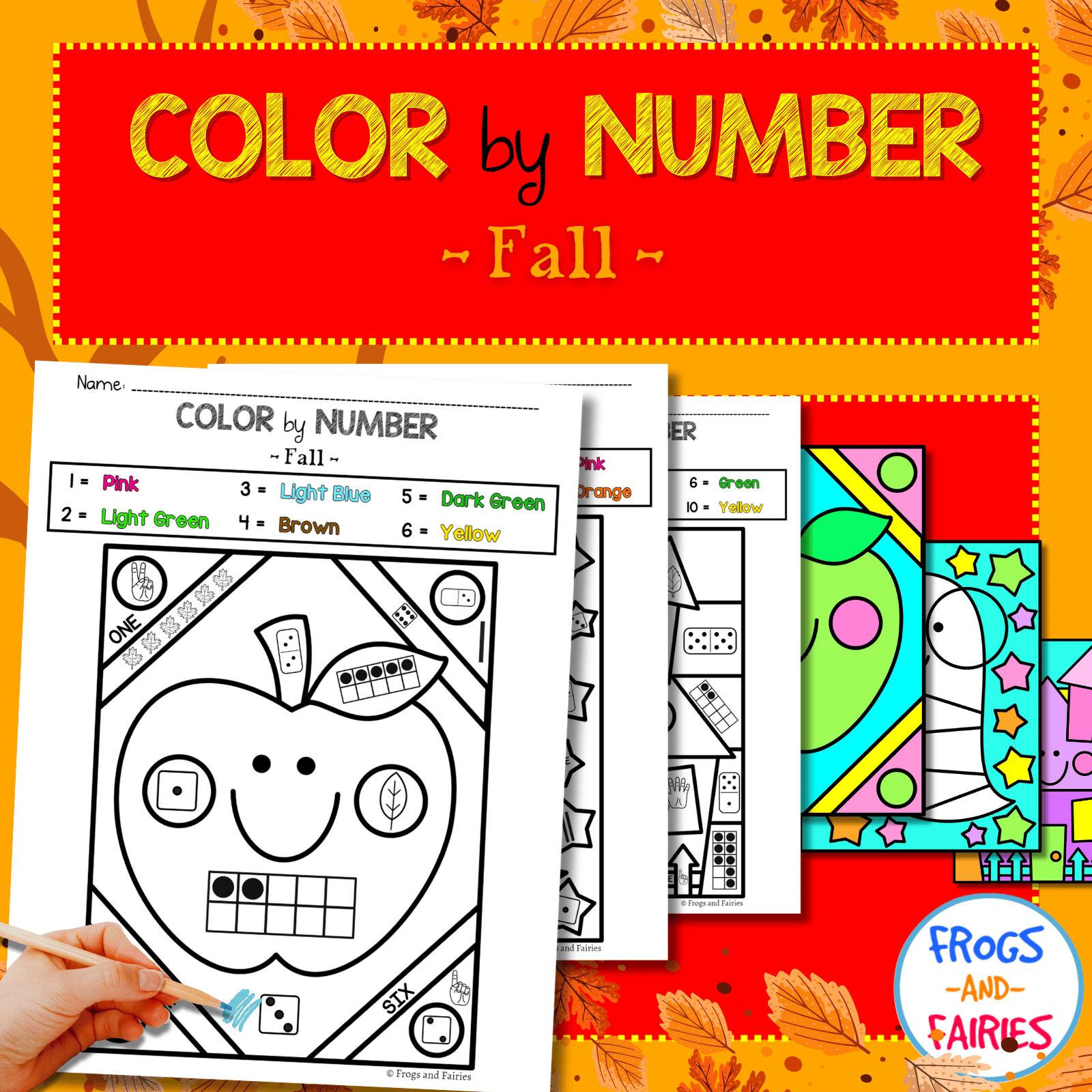 Fall Color by Code Numbers 1–10 Worksheets