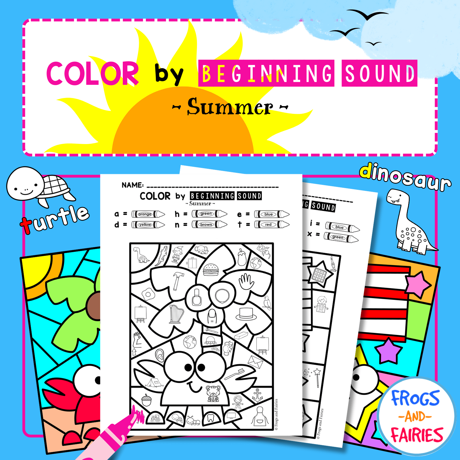 Summer Phonics Worksheets: Color by Beginning Sounds