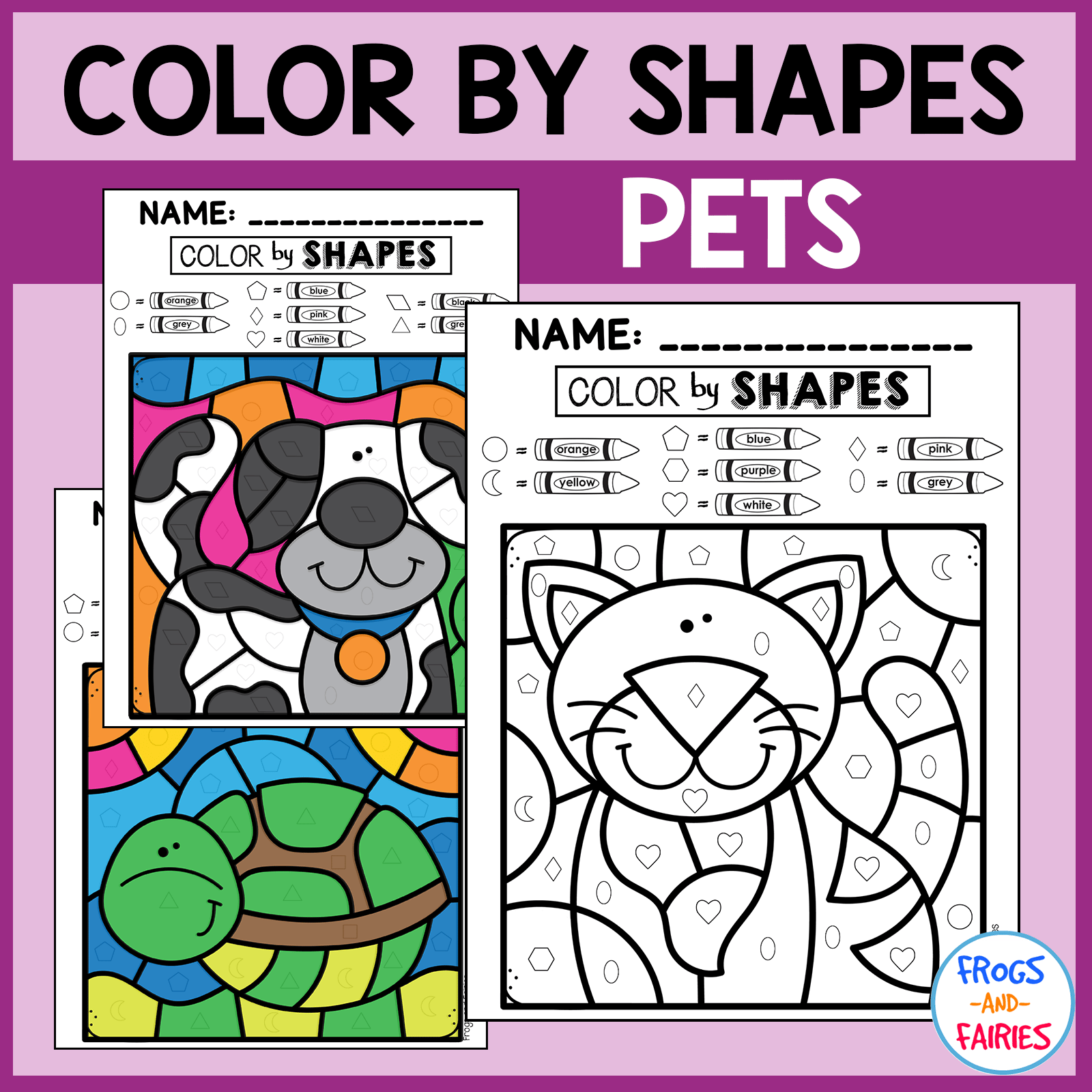 No Prep Color by Code Worksheets: 2D Shapes & Pets