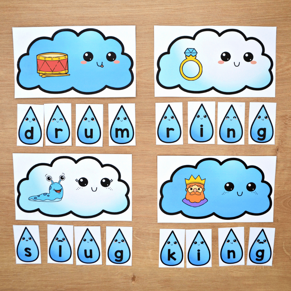 Word Building Rain Cloud Cards: Fun Phonics & Spelling Activities