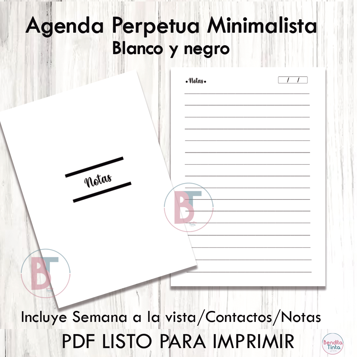 Agenda perpetua Imprimibles.· Estilo Minimalista blanco y negro