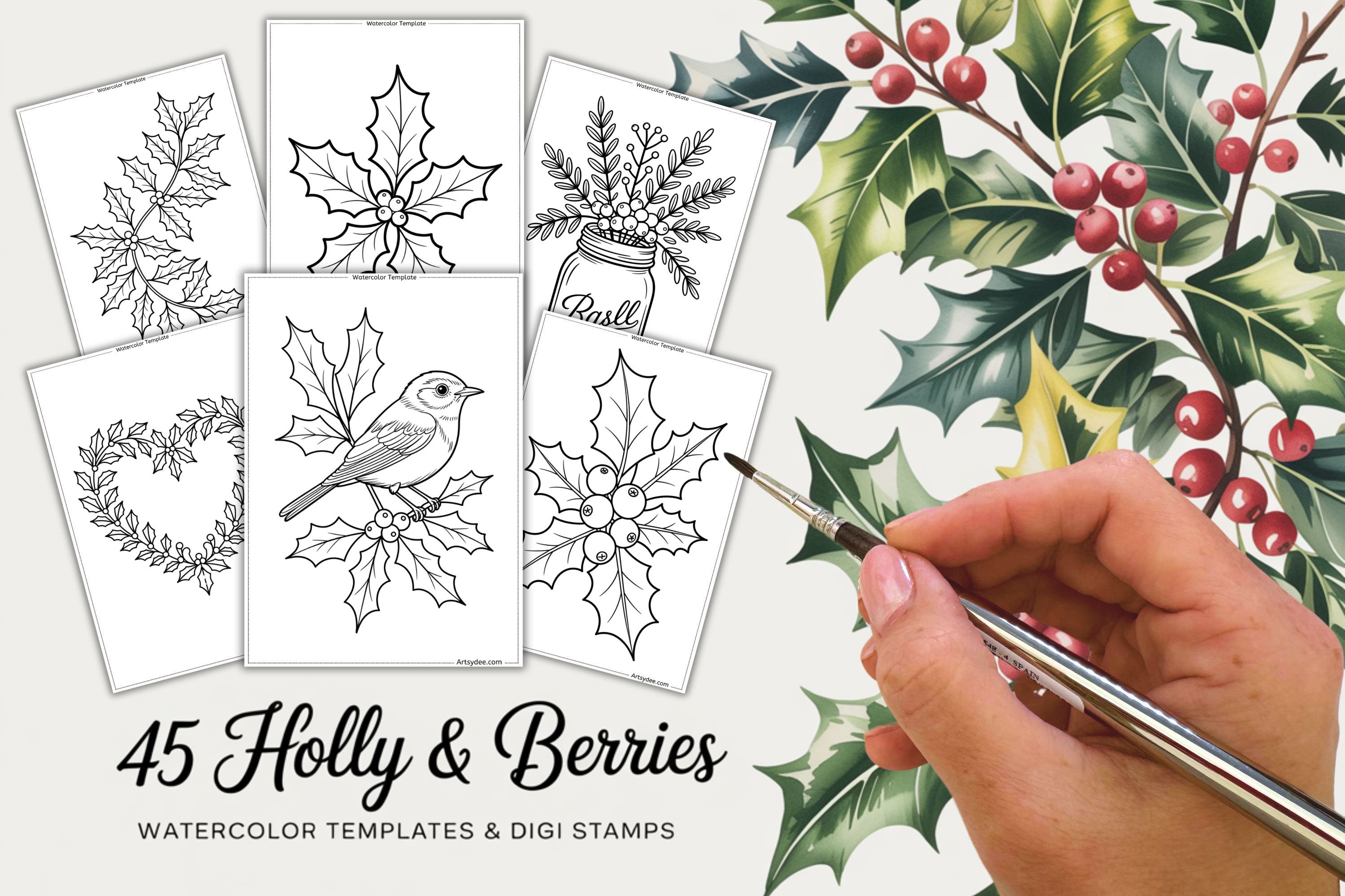 45 Holly & Berries Watercolor Templates & Digi Stamps – Christmas ...