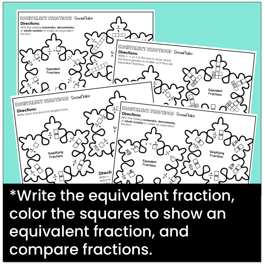 Winter Snowflake Equivalent Fractions Craft Activity 3rd, 4th Grade Math
