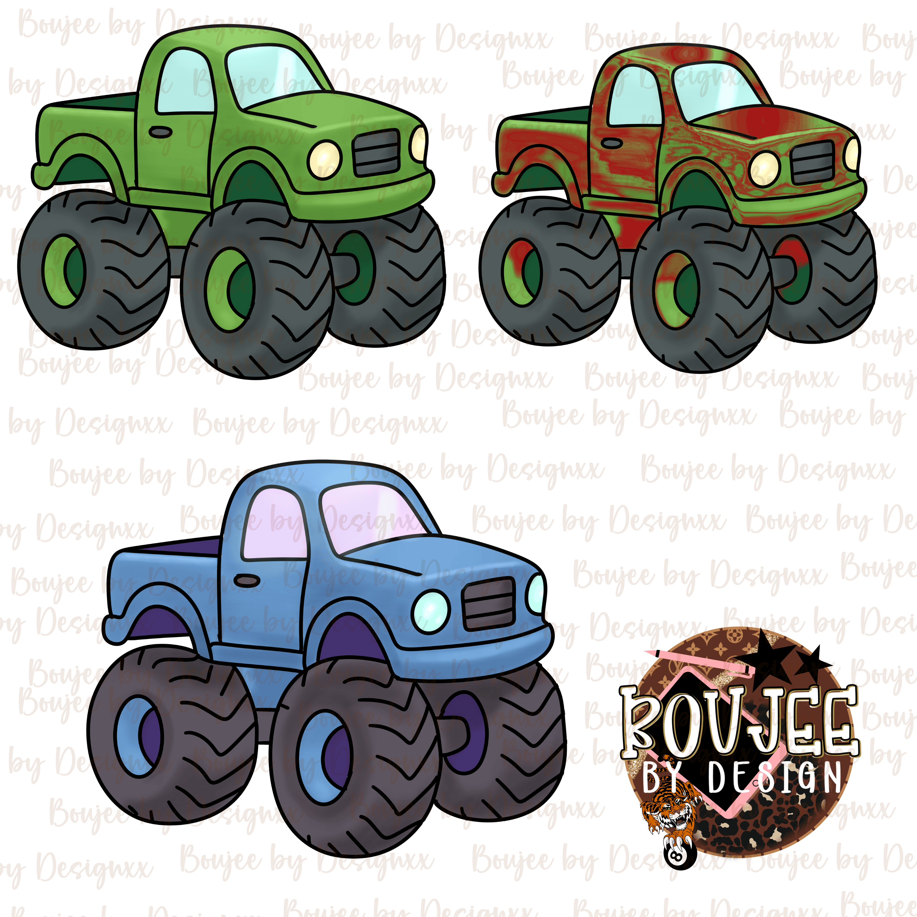 Kids Monster Truck Clipart Bundle – Cute Hand-Drawn Monster Trucks – 3 ...