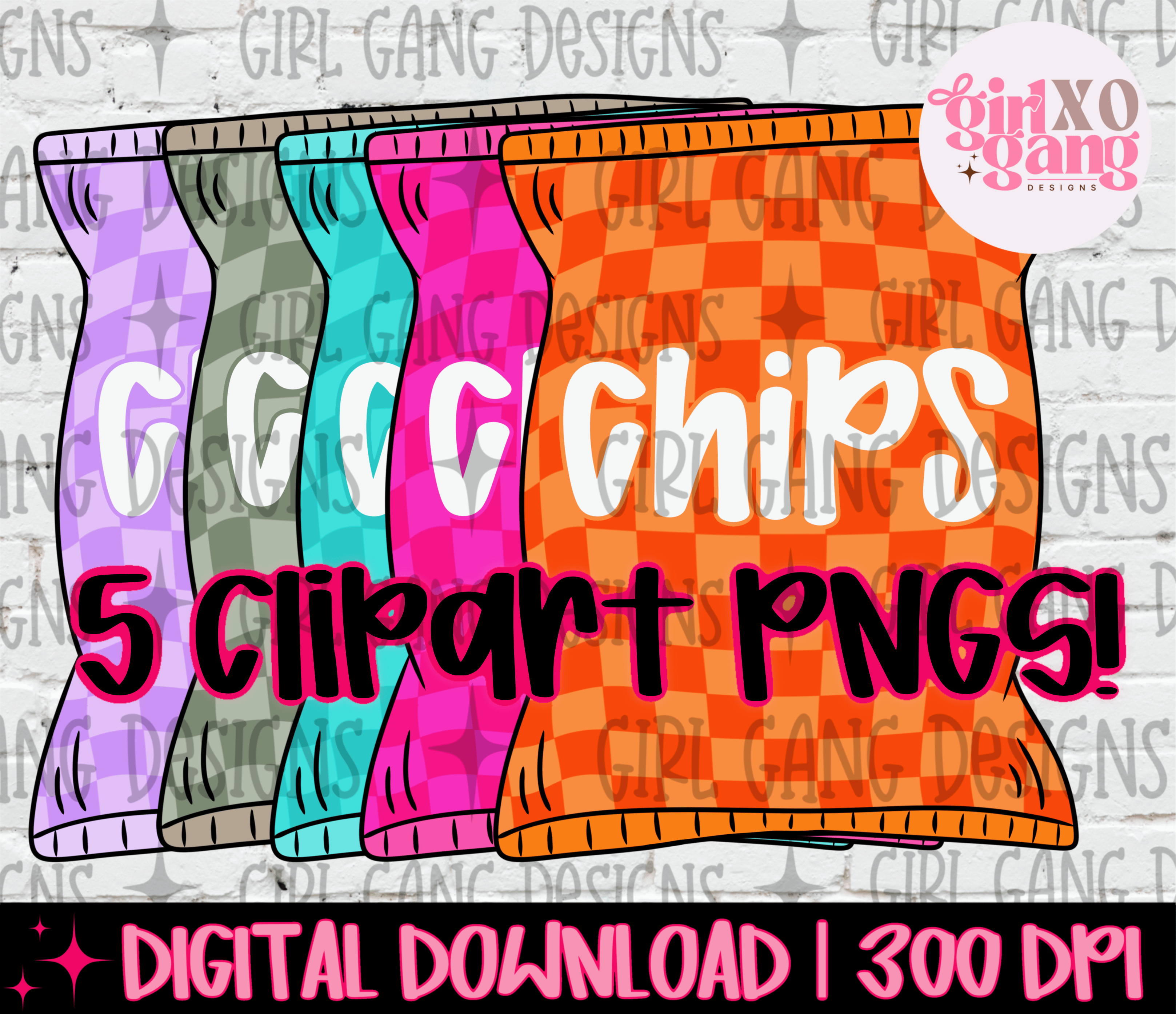 Chip bag clipart bundle 5 hand drawn png files , checkered colorful ...