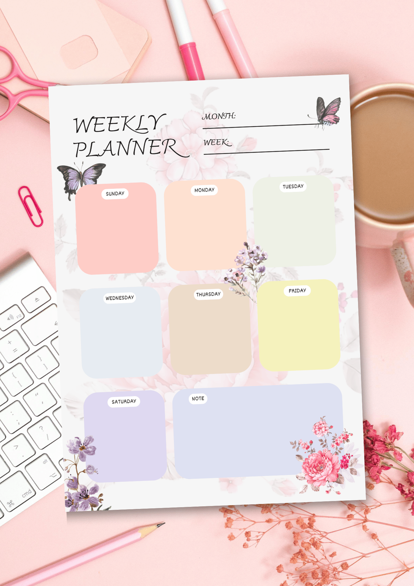 Printable Floral & Butterfly Weekly Planner – Soft Feminine Aesthetic ...