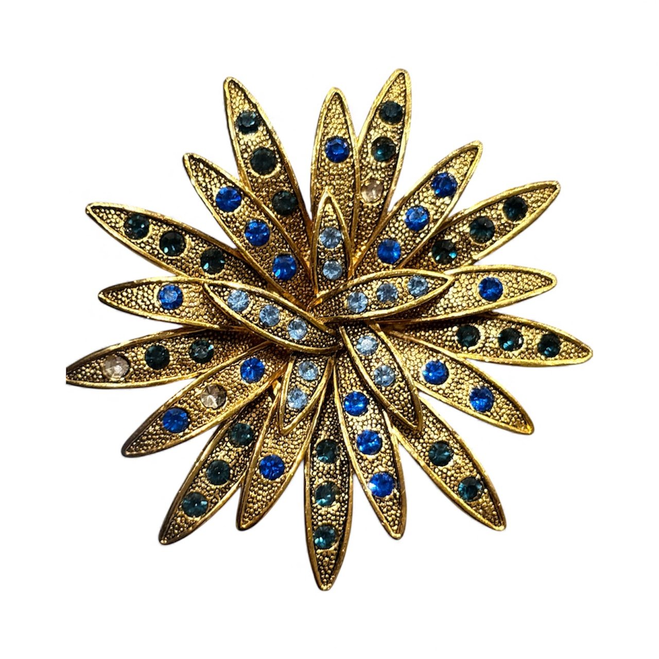 💙 Vintage Gold-Tone Layered Blue Rhinestone Floral Brooch (Unsigned) - Payhip