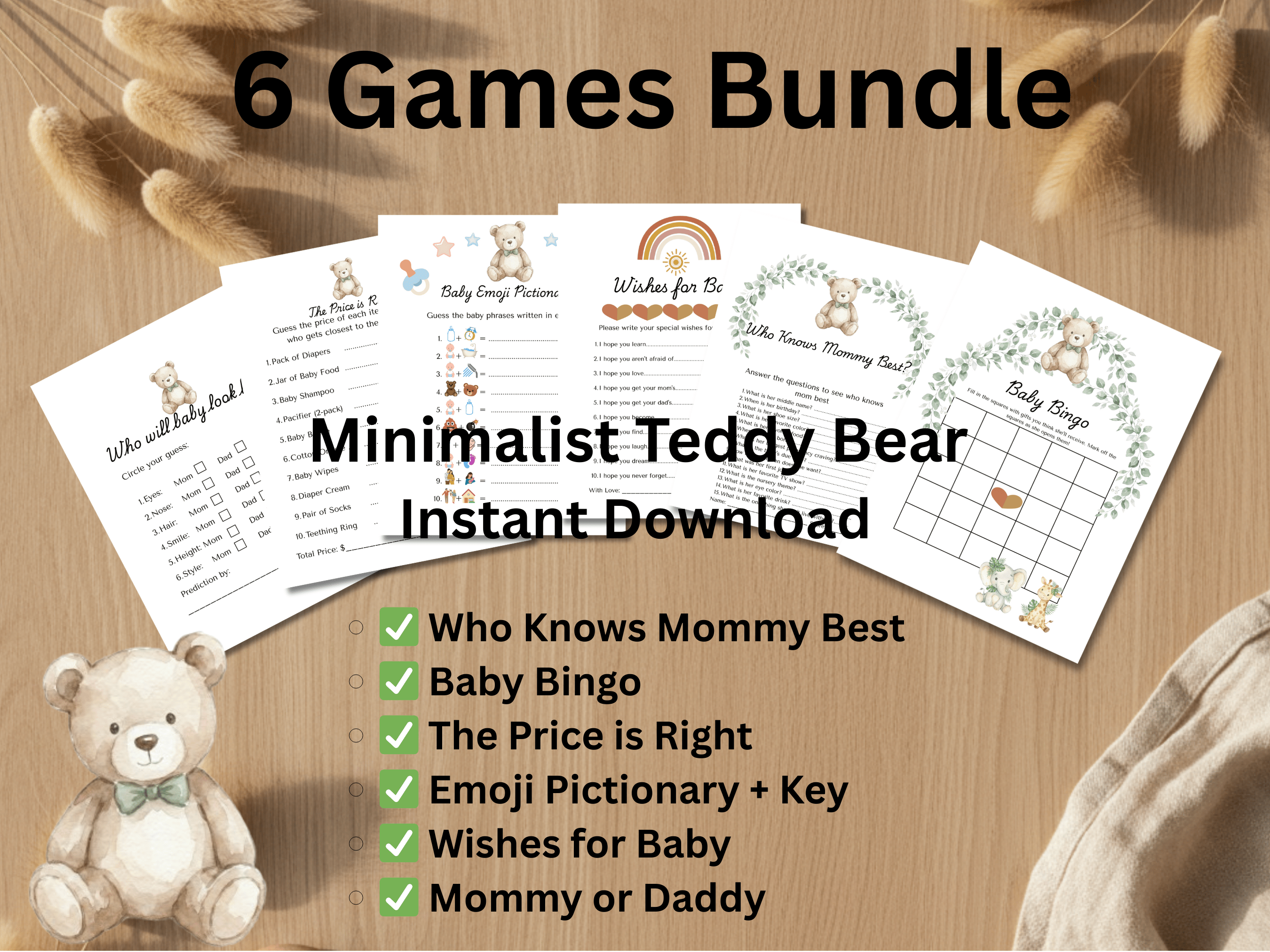 **Minimalist Teddy Bear Baby Shower Game Bundle (6 Games)** - Payhip